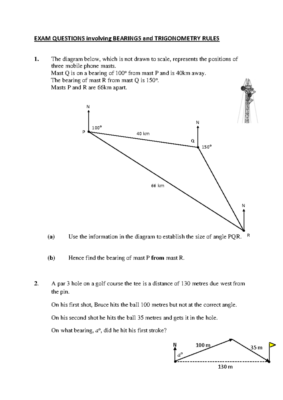 Exam style trig with bearings with answers - EXAM QUESTIONS involving ...