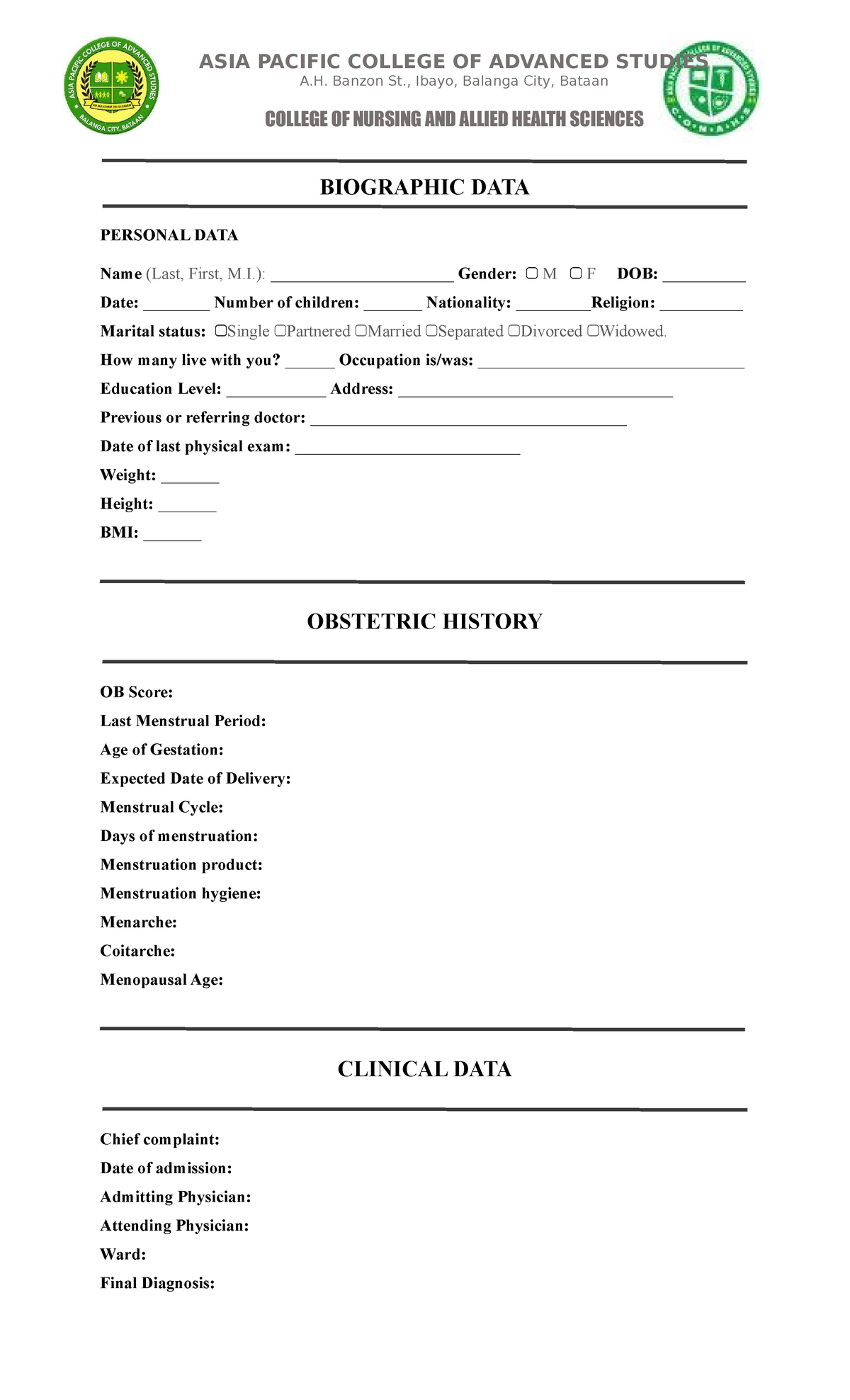 Biographic Data Collection for Nursing Students (NURS 101) - Studocu