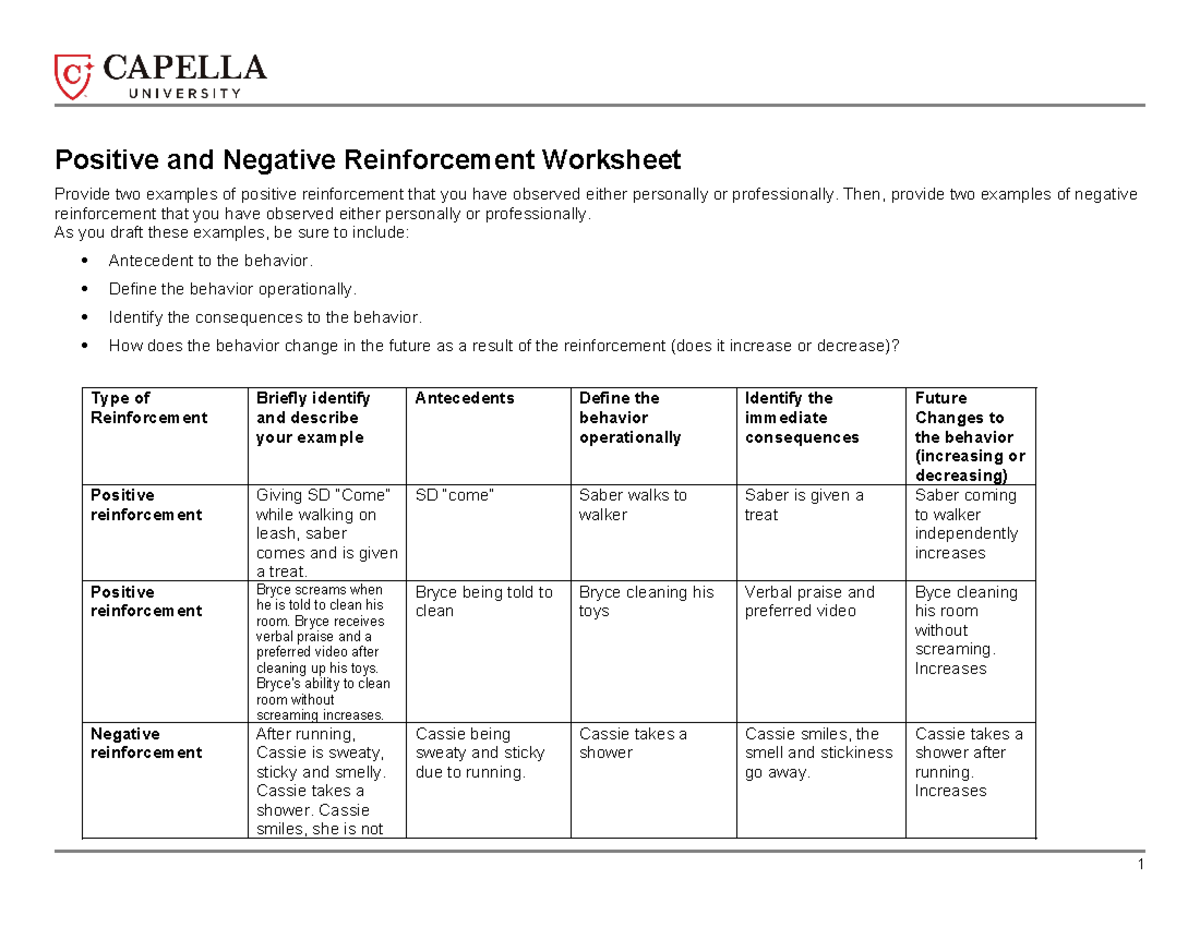 Week 2 - ABA Course: Positive/Negative Reinforcement Examples - Studocu