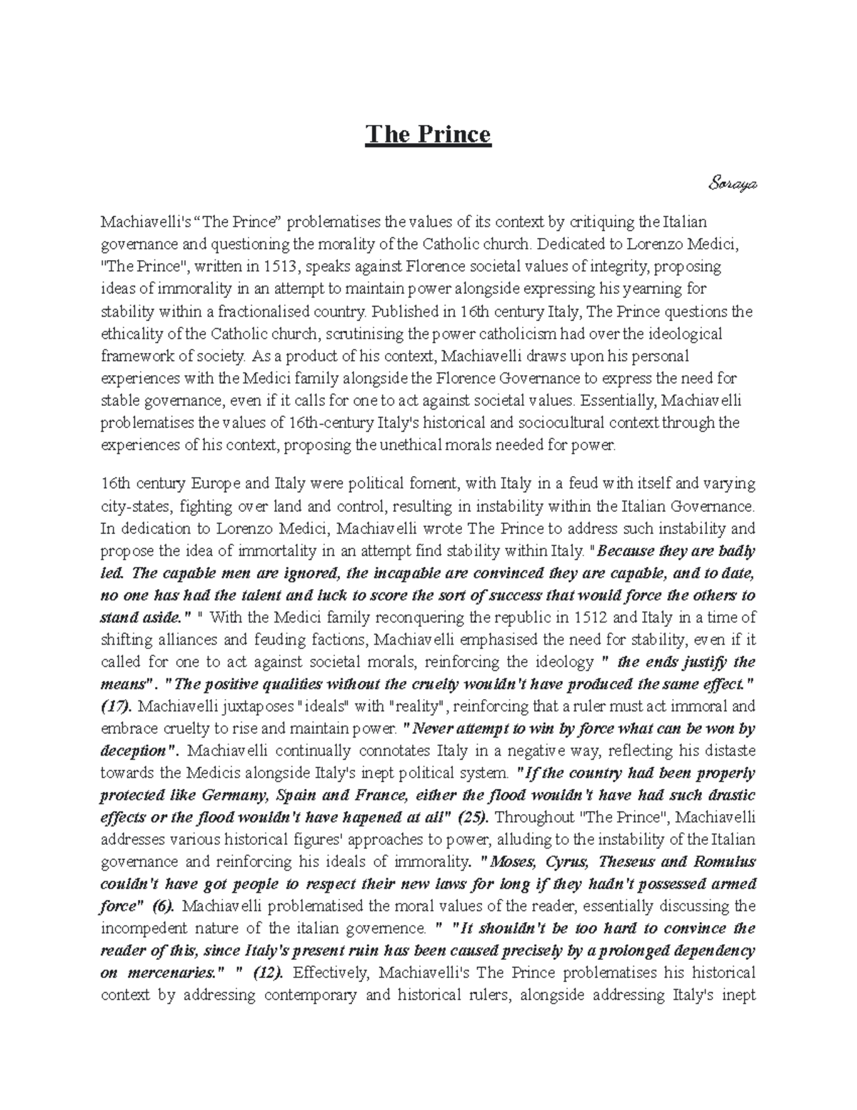 The Prince Essay Final: Analyzing Machiavelli's Critique of Morality in ...