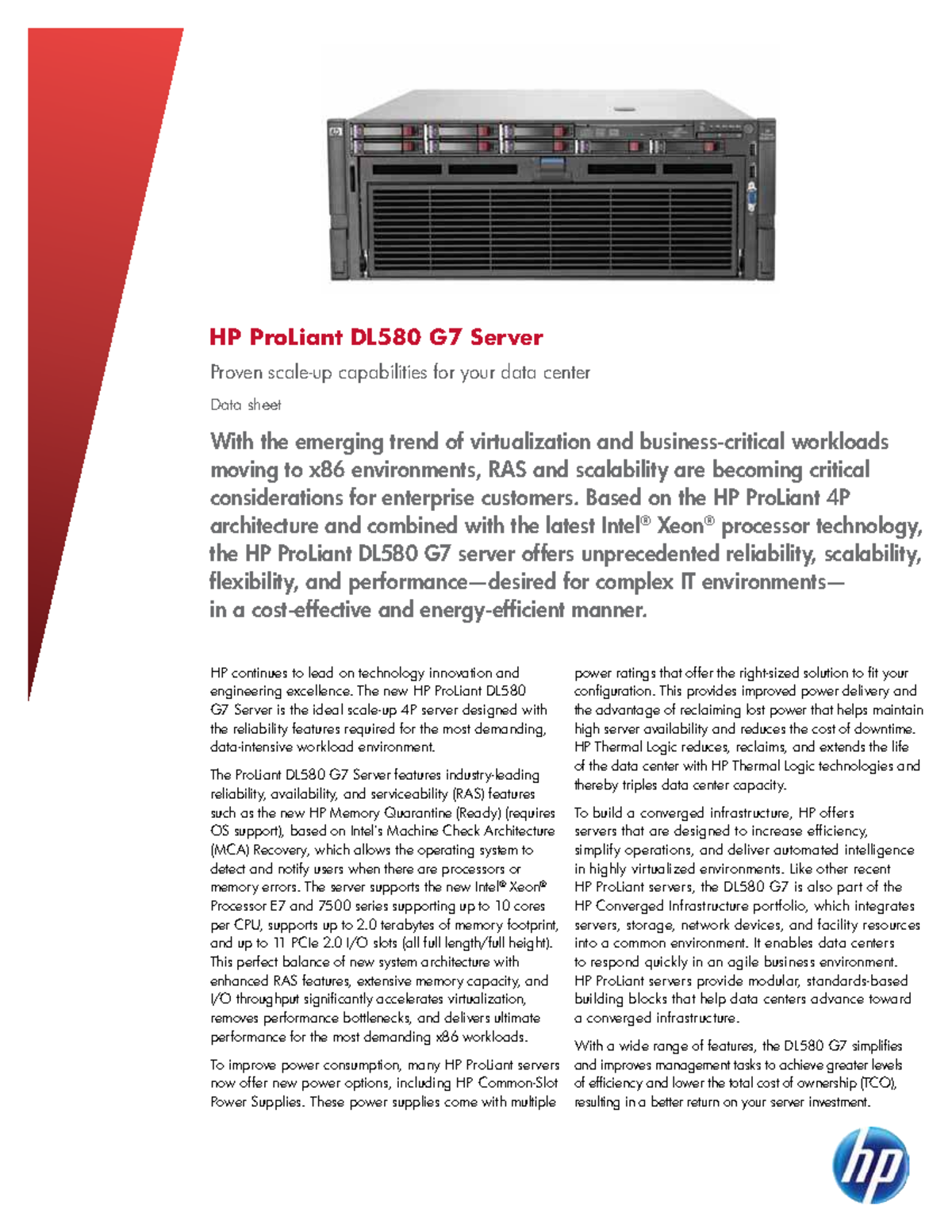 HP ProLiant DL580 G7 Server: Comprehensive Data Sheet Overview - Studocu