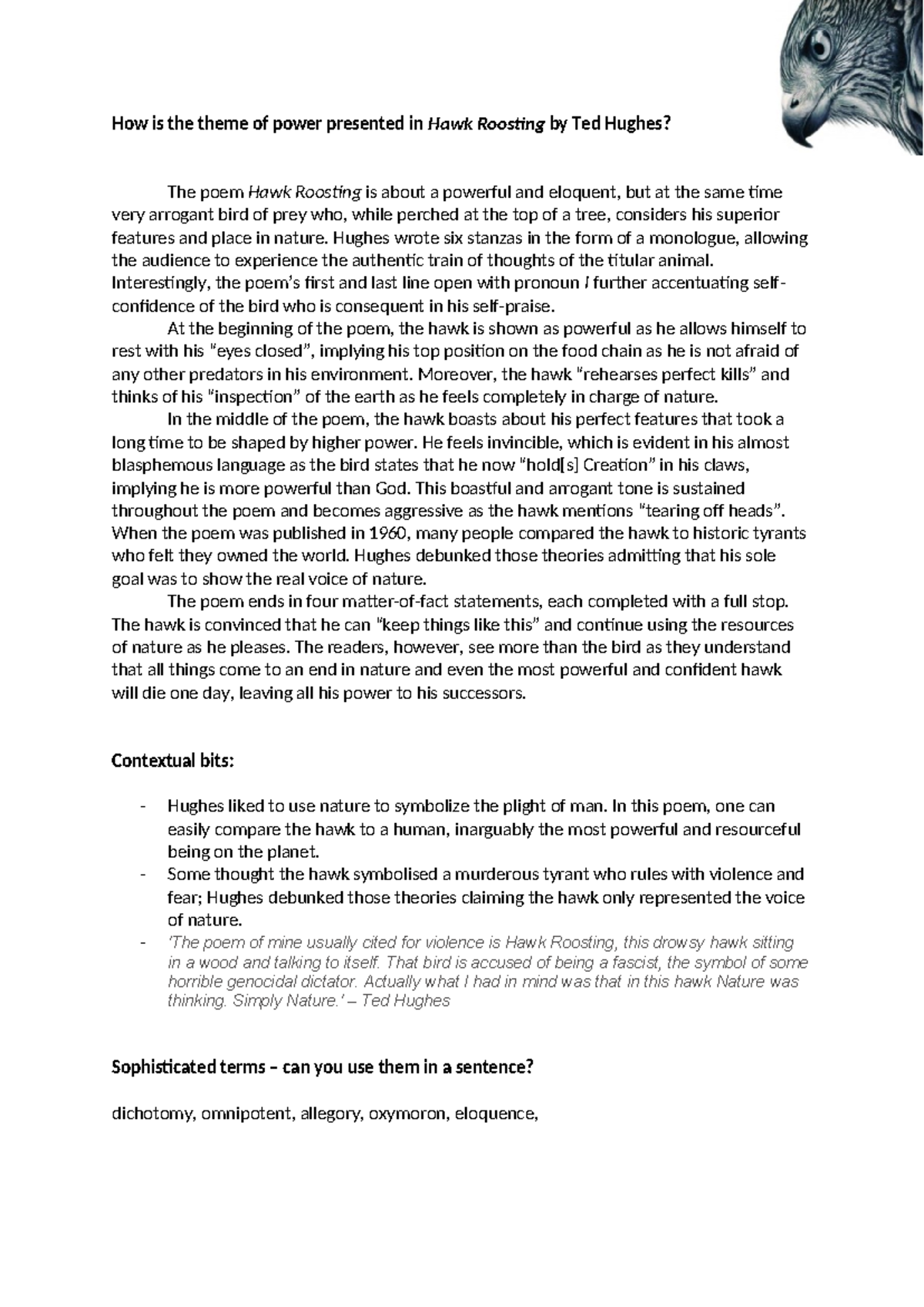 Hawk Roosting Analysis - How is the theme of power presented in Hawk ...