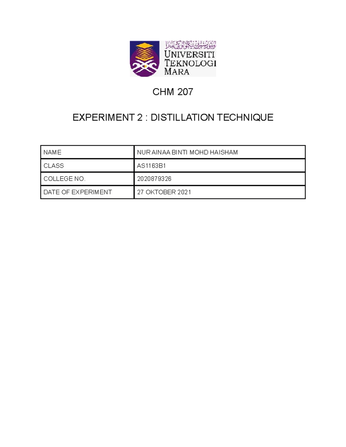 Experiment 2: Distillation Technique Overview - CHM207 UITM - Studocu