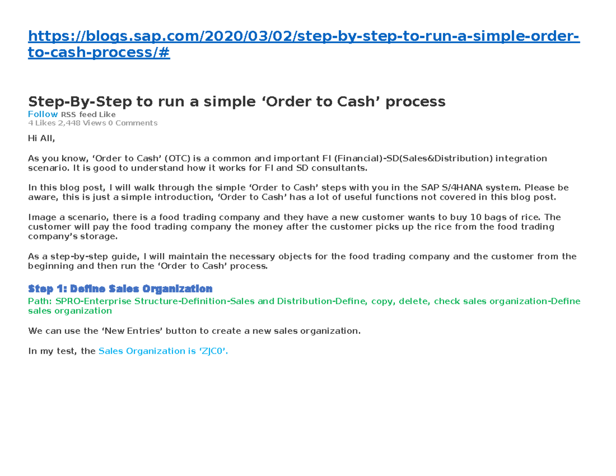 SAP S/4HANA O2C Process: A Step-by-Step Guide to Implementation - Studocu