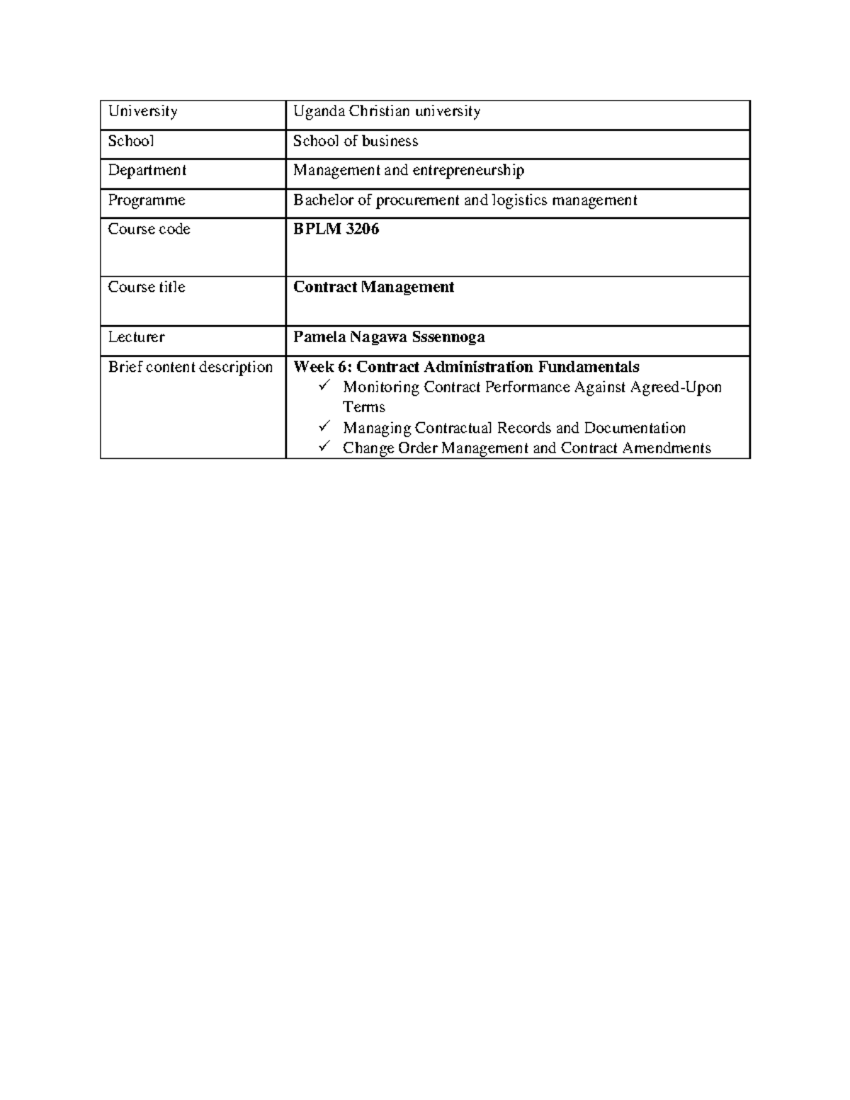 BPLM 3206 Week 6 Notes: Contract Administration Fundamentals - Studocu