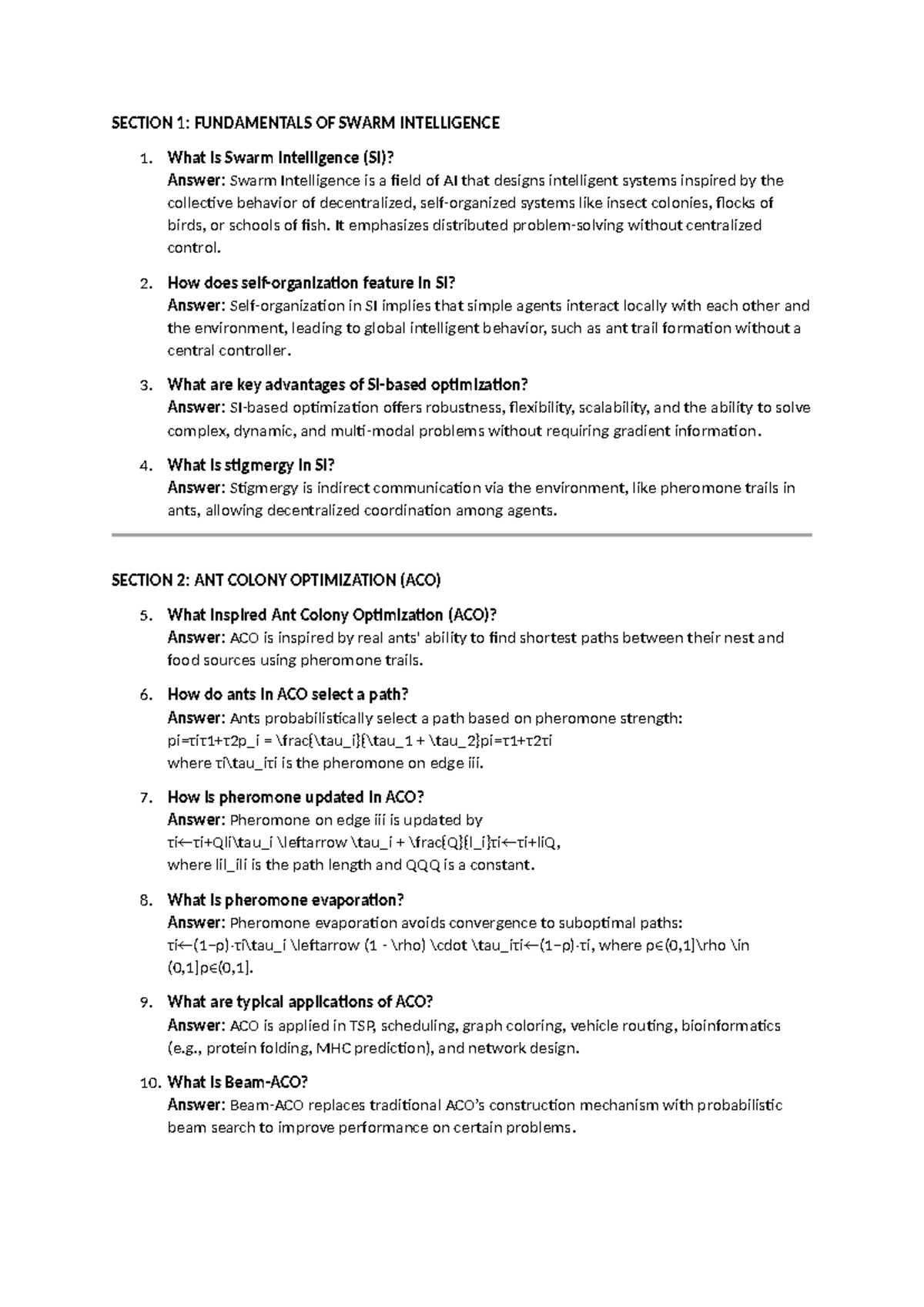 Swarm Intelligence Fundamentals: ACO & PSO Notes (CS101) - Studocu