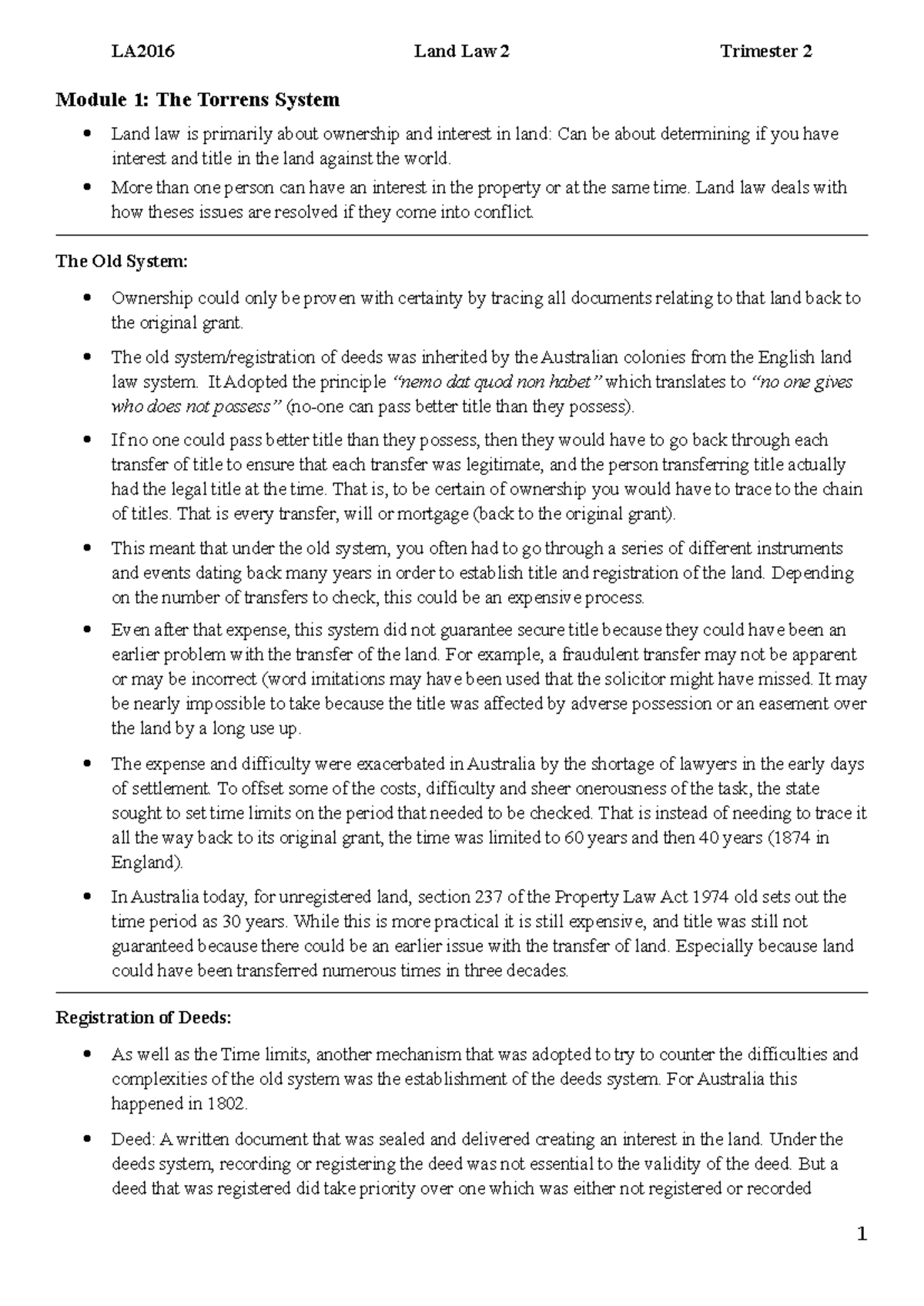 LA2016 Land Law 2 Trimester 2: The Torrens System Explained - Studocu