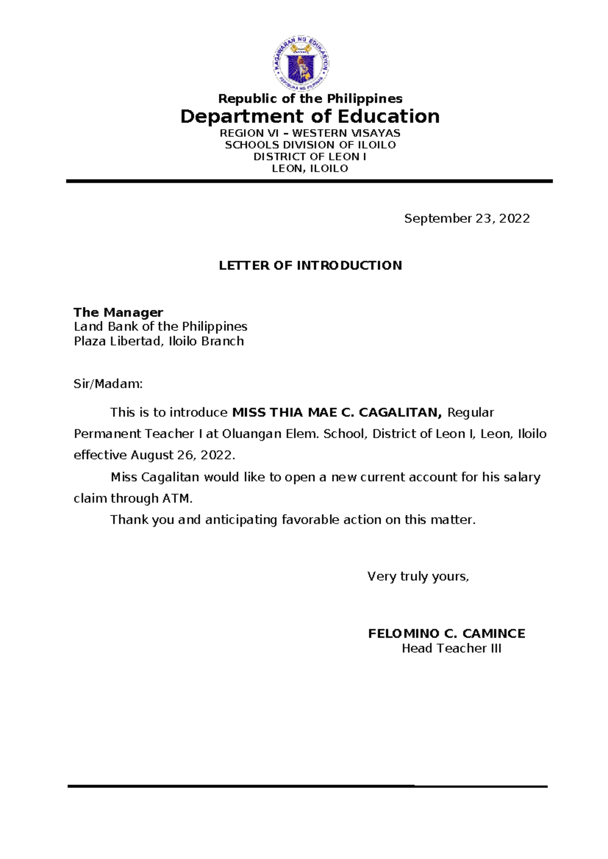 Letter of Introduction for Miss Thia Mae C. Cagalitan to Land Bank ...