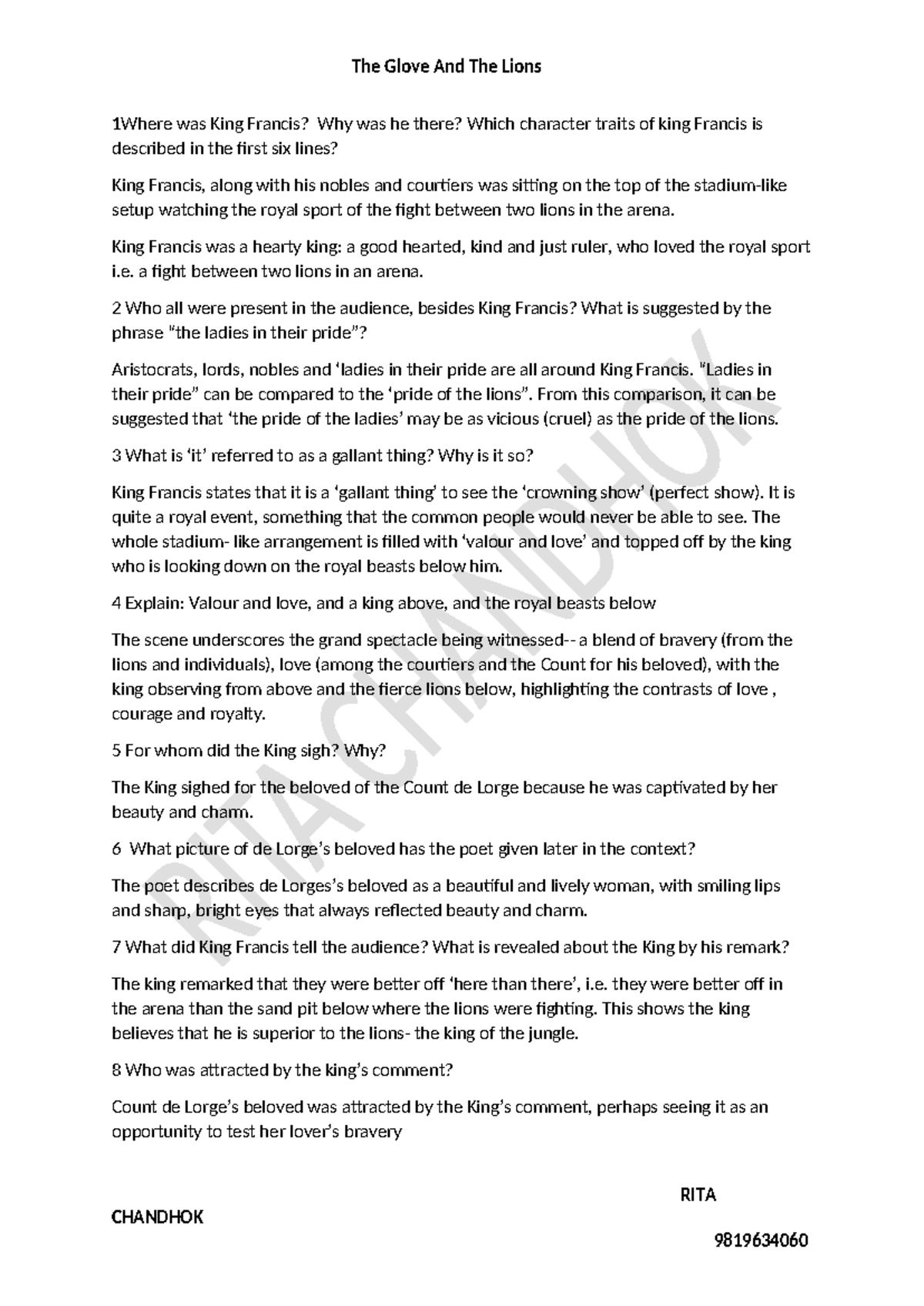 THE Glove AND THE Lions: Treasure Chest Workbook Q&A Analysis - Studocu