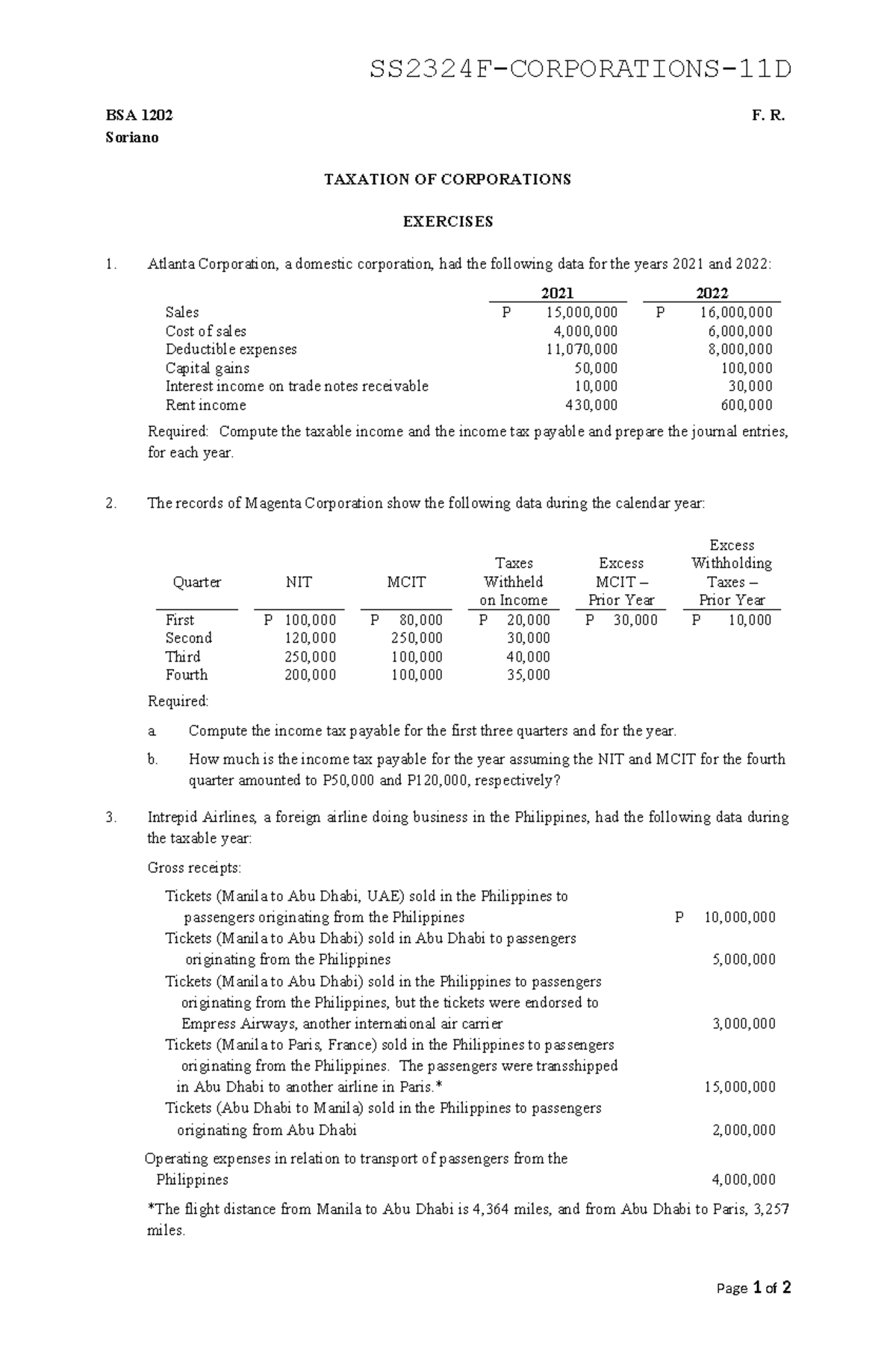 BSA 1202 Taxation of Corporations Exercises & Journal Entries - Studocu
