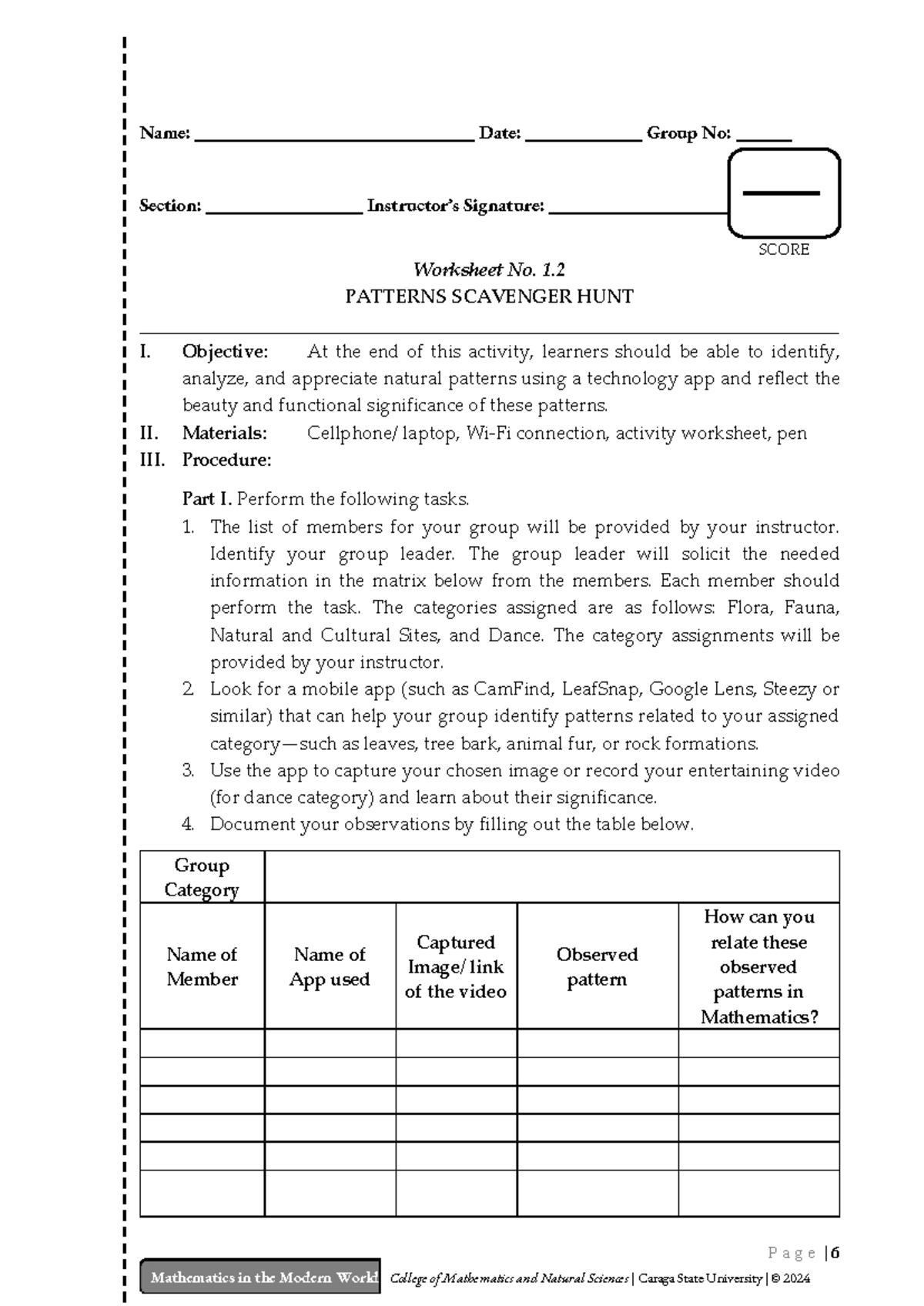MMW-WS-1.2: Patterns Scavenger Hunt Activity Worksheet - Studocu