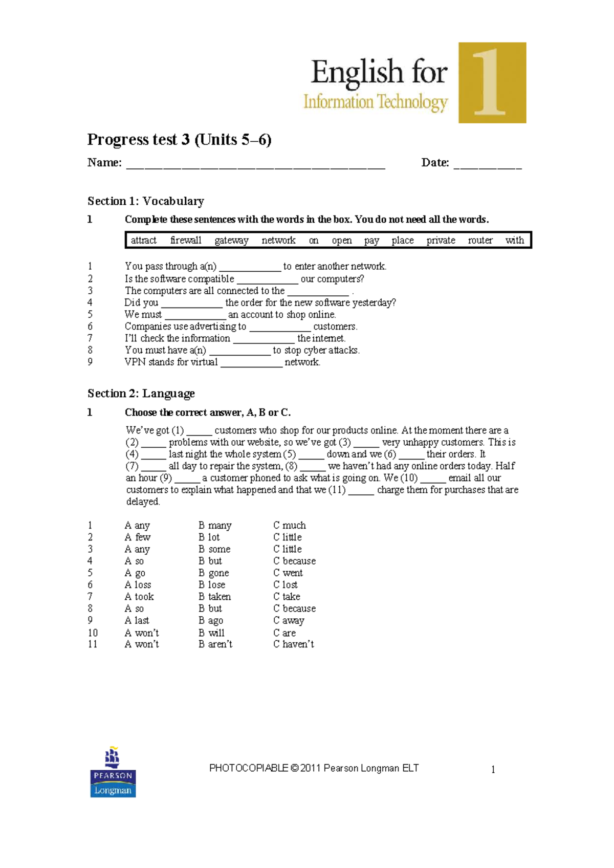VE IT Tests: Progress Test 3 - Vocabulary, Language & Reading - Studocu