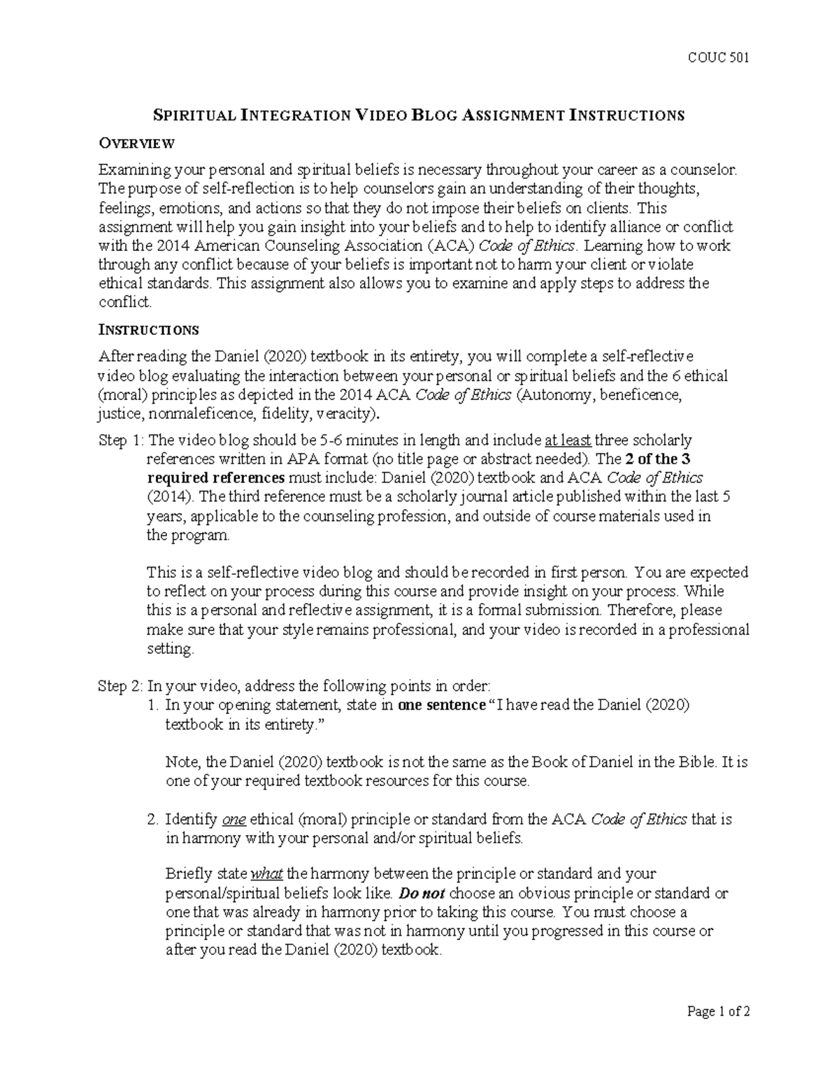 COUC 501 Spiritual Integration Video Blog Assignment Guidelines - Studocu