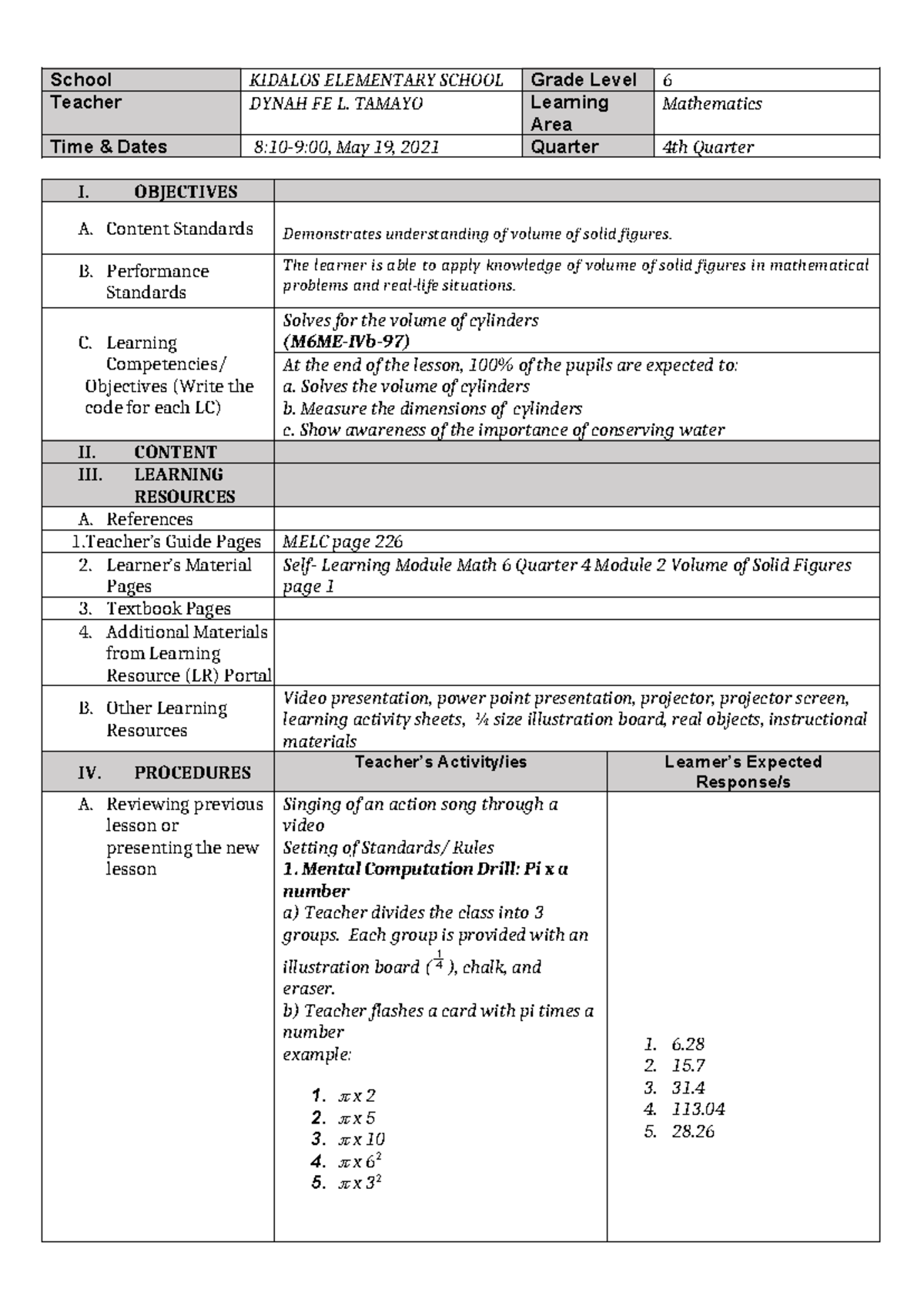DLP Math 6 - Lesson on Volume of Cylinders and Real-Life Applications ...