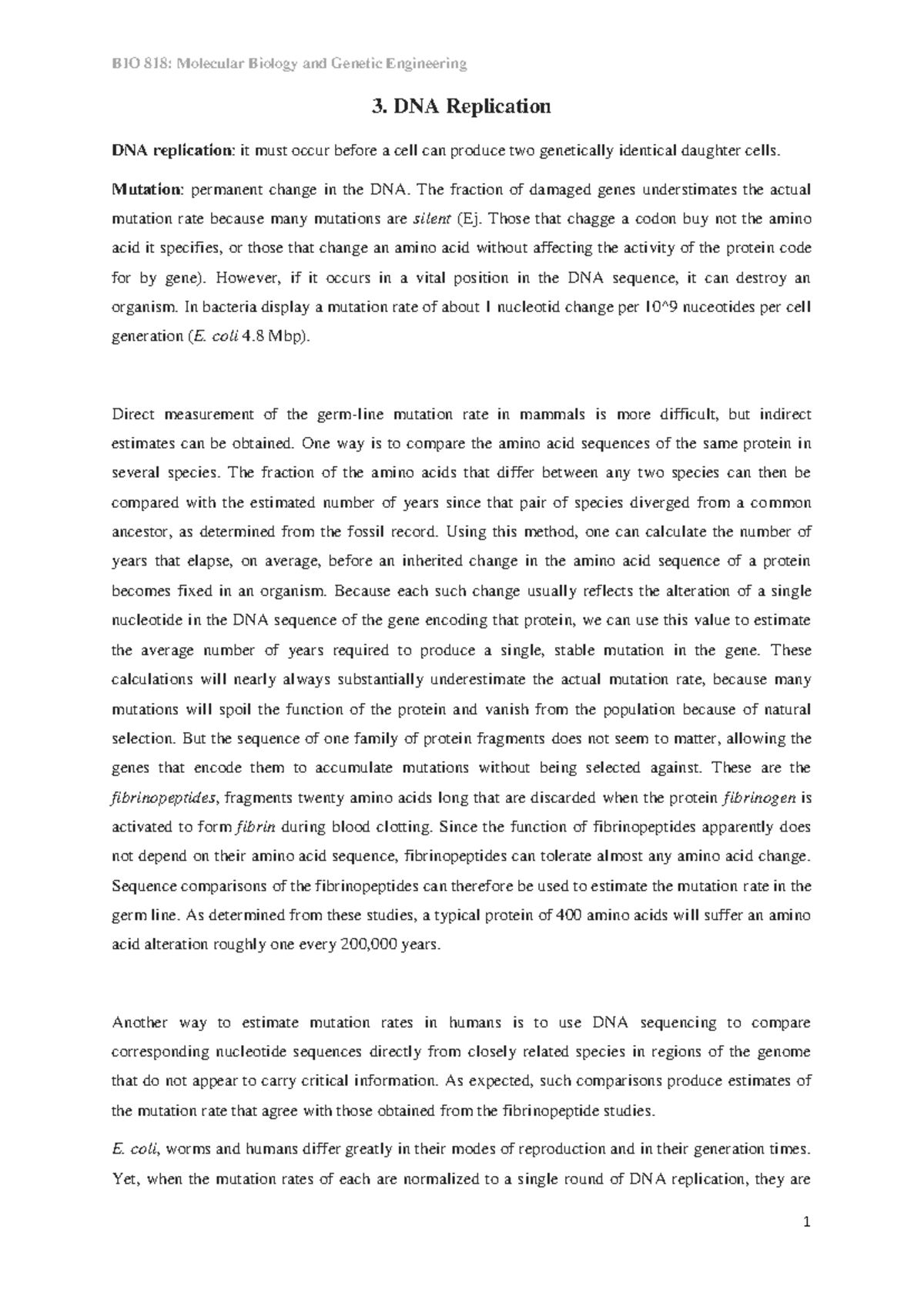 BIO 818: Molecular Biology & Genetic Engineering - DNA Replication ...