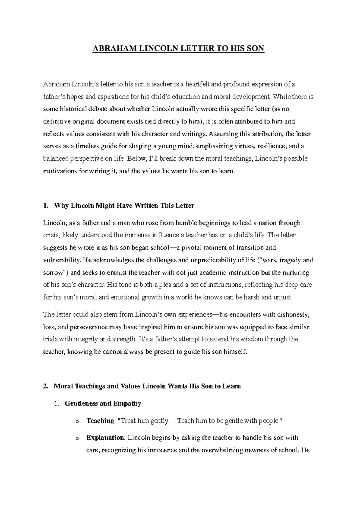 Abraham Lincoln's Letter to His Son: Moral Teachings and Values ...