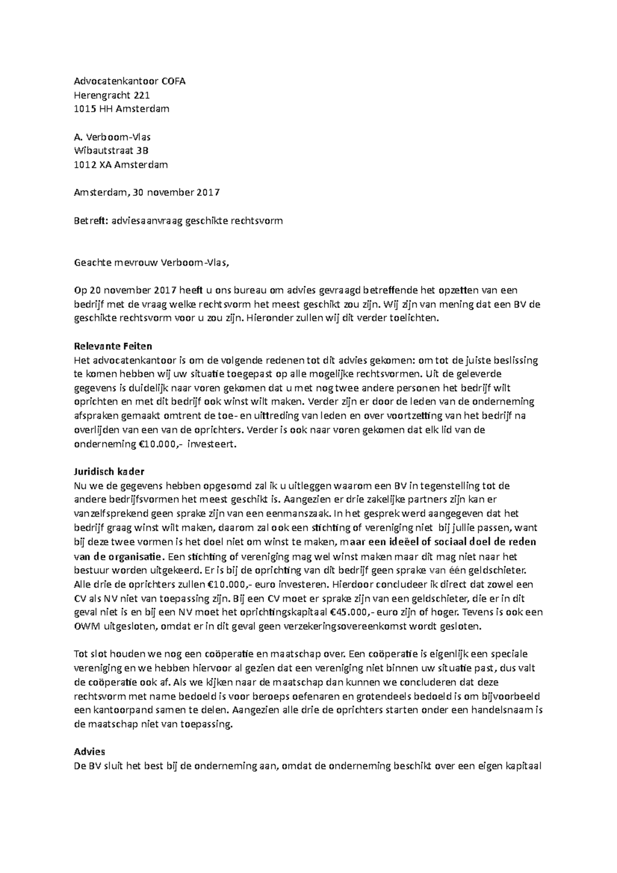 Adviesbrief over geschikte rechtsvorm voor ondernemers (BV) - Studeersnel