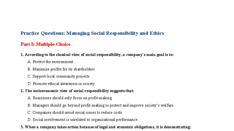 Practice Questions: CH6 - Managing Social Responsibility & Ethics - Studocu