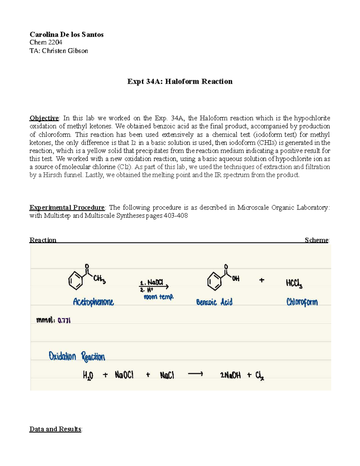 Haloform reaction lab report for Chem 2204: Expt 34A details - Studocu