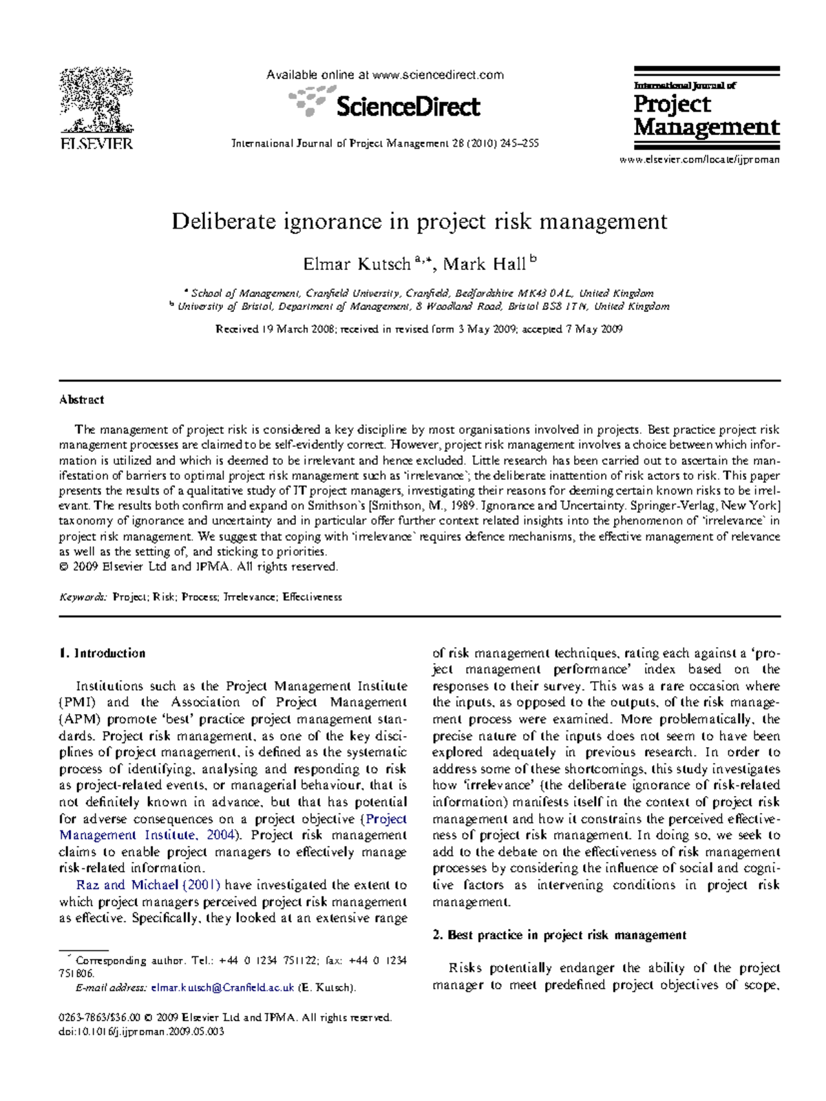 Deliberate ignorance in project risk management - Best practice project ...