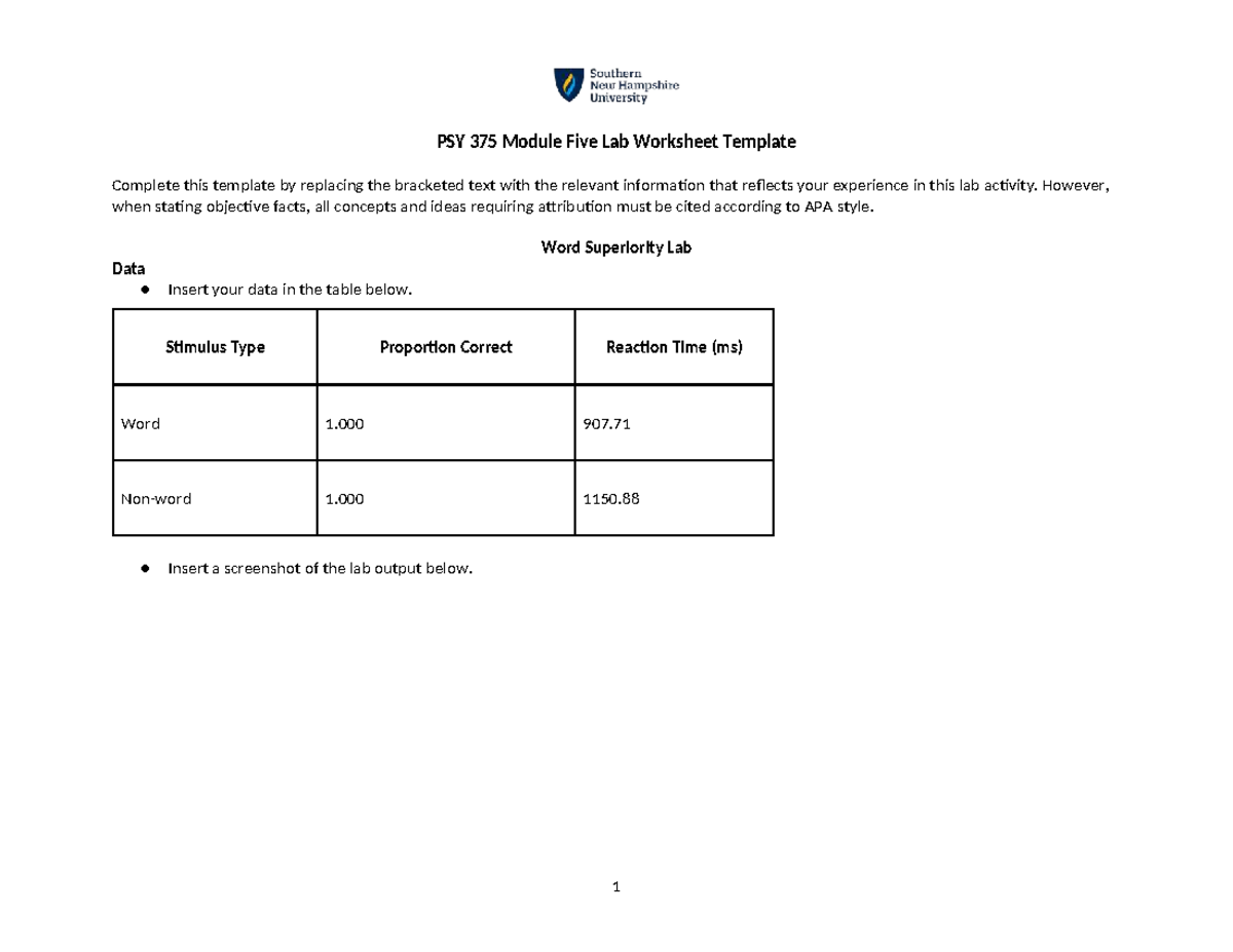 PSY 375 Module Five Lab Worksheet: Data & Analysis - Studocu