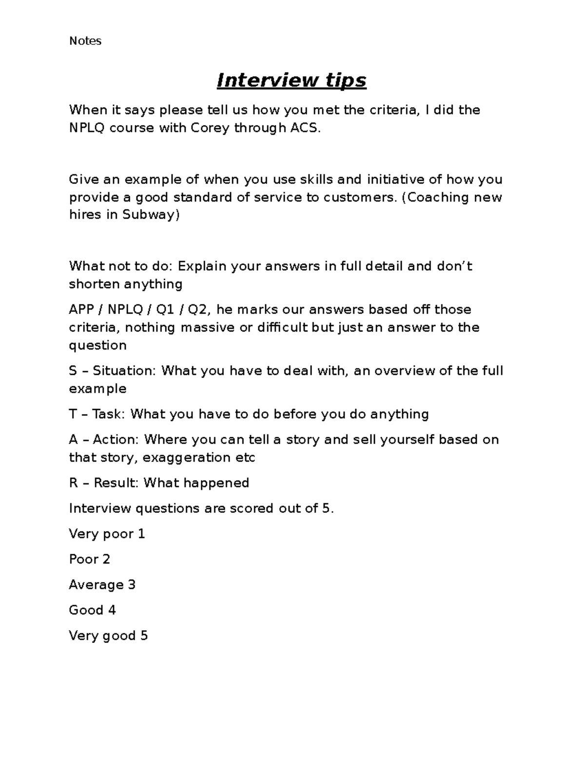 Interview Tips for BTEC L3 Business - Criteria & Scoring Guide - Studocu