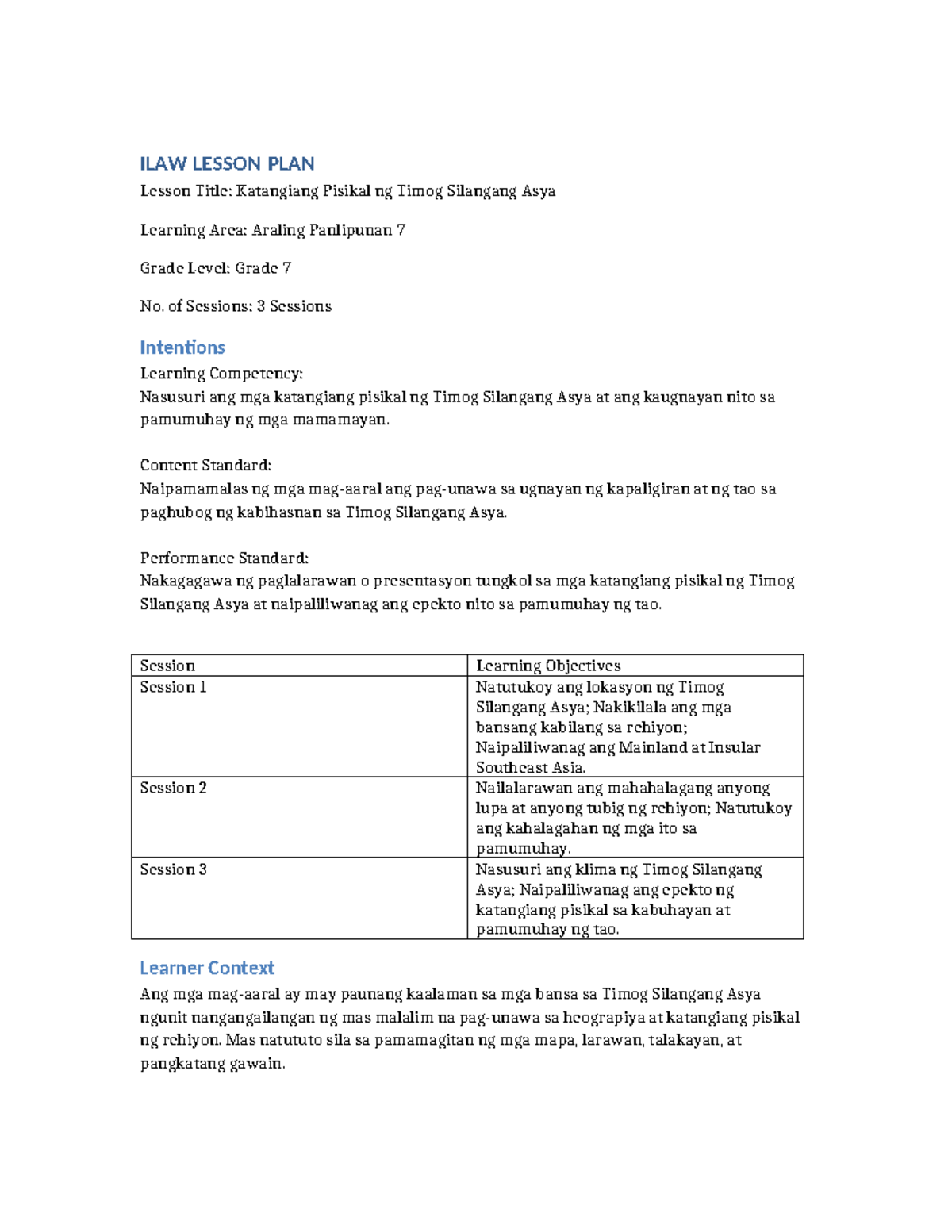 AP7 ILAW LESSON PLAN: Katangiang Pisikal ng Timog Silangang Asya - Studocu