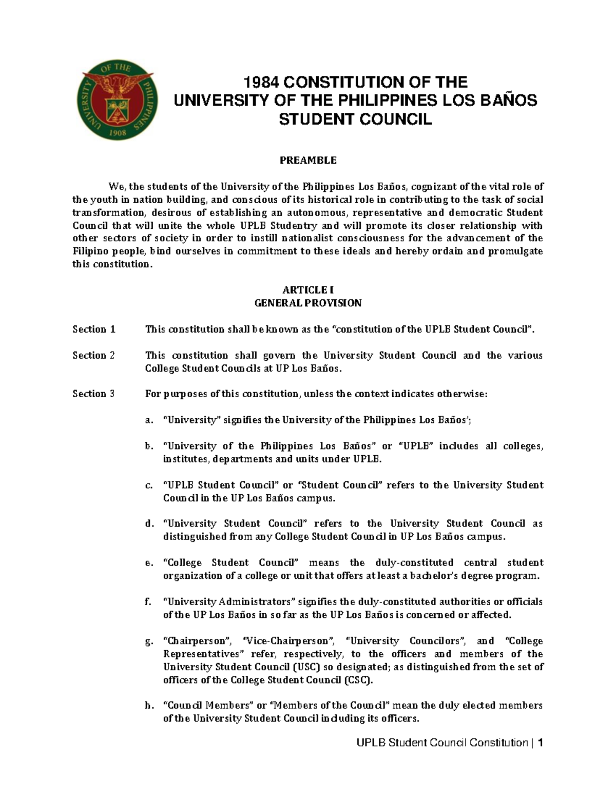 UPLB Student Council Constitution (2012 Edition) - Studocu