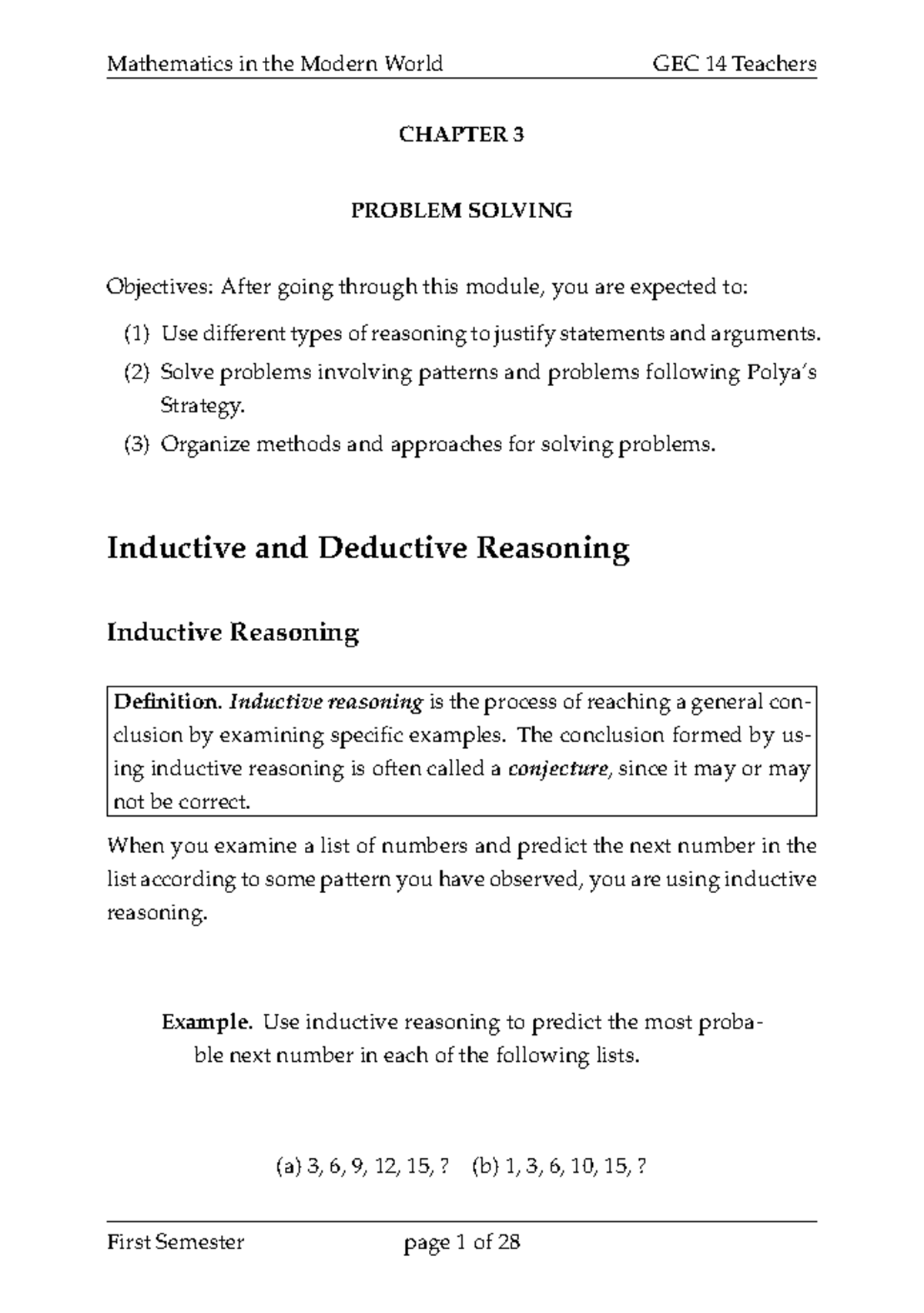 Problem Solving - Mathematics in the modern world - CHAPTER 3 PROBLEM SOLVING Objectives: After ...