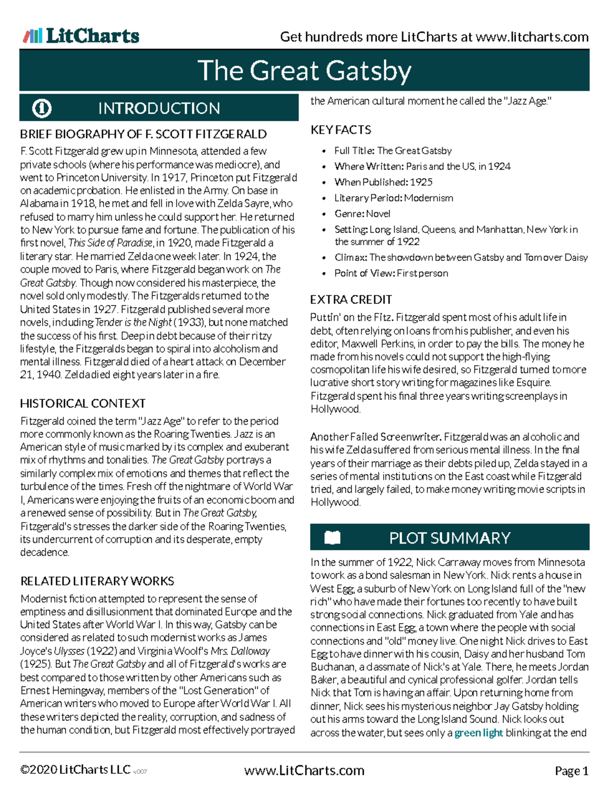 The Great Gatsby (ENG 101) - Comprehensive Lit Chart Summary and ...