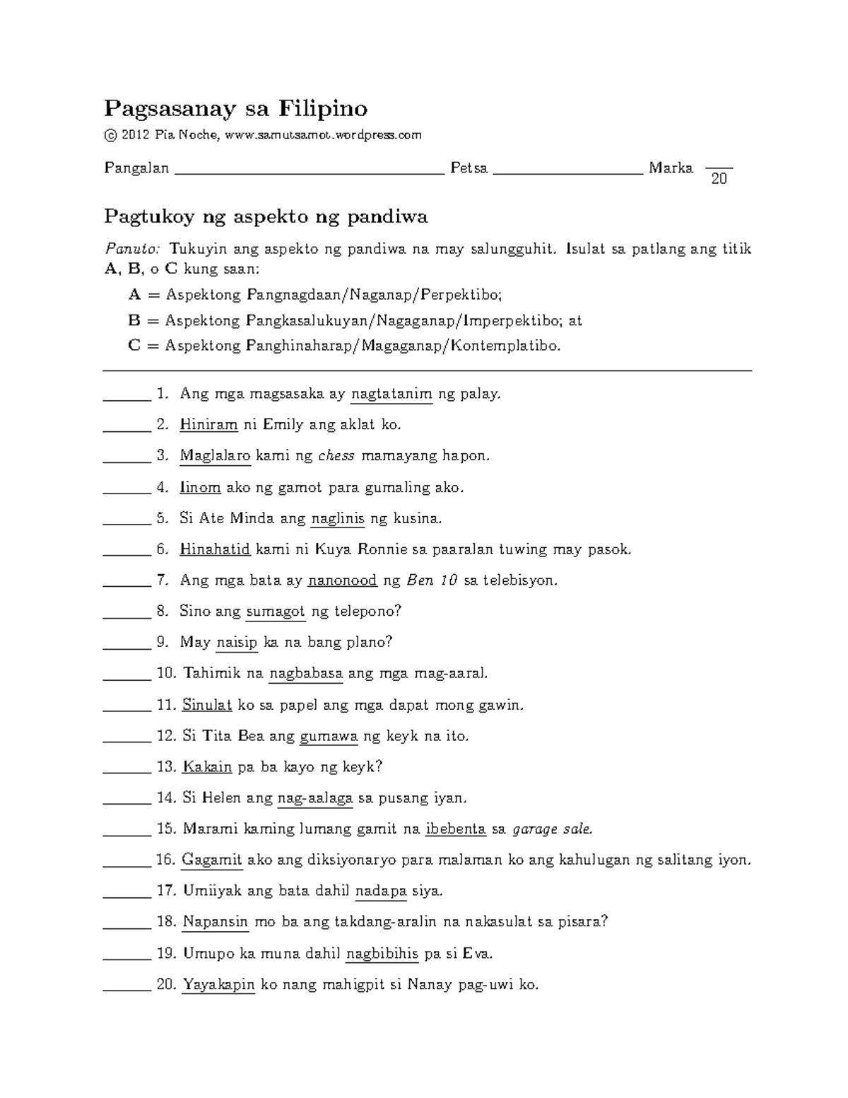 Worksheet sa Pagsasanay ng Aspekto ng Pandiwa (Filipino) 2 - Studocu