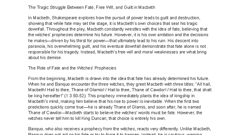 Macbeth (ENG 101) Essay: Fate, Free Will, and Guilt Analysis - Studocu