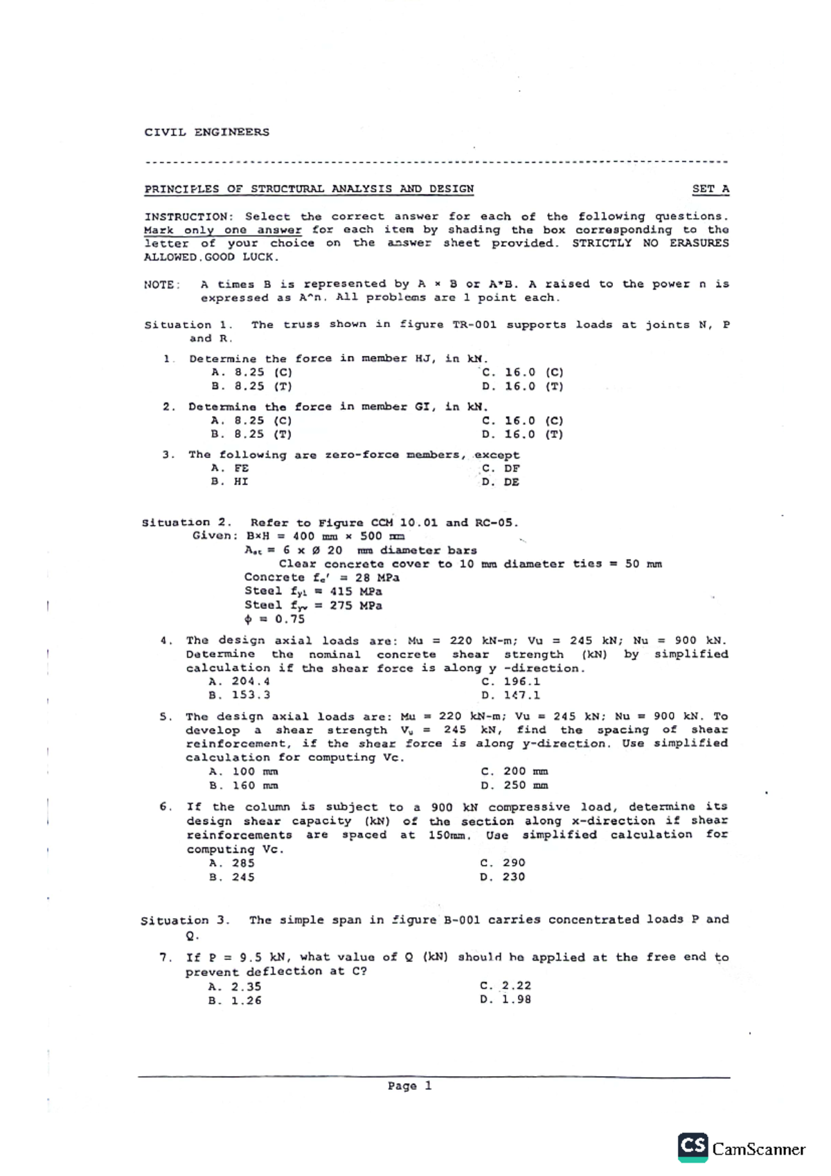 PSAD-1 - Civil Engineering Principles of Structural Analysis Set A ...