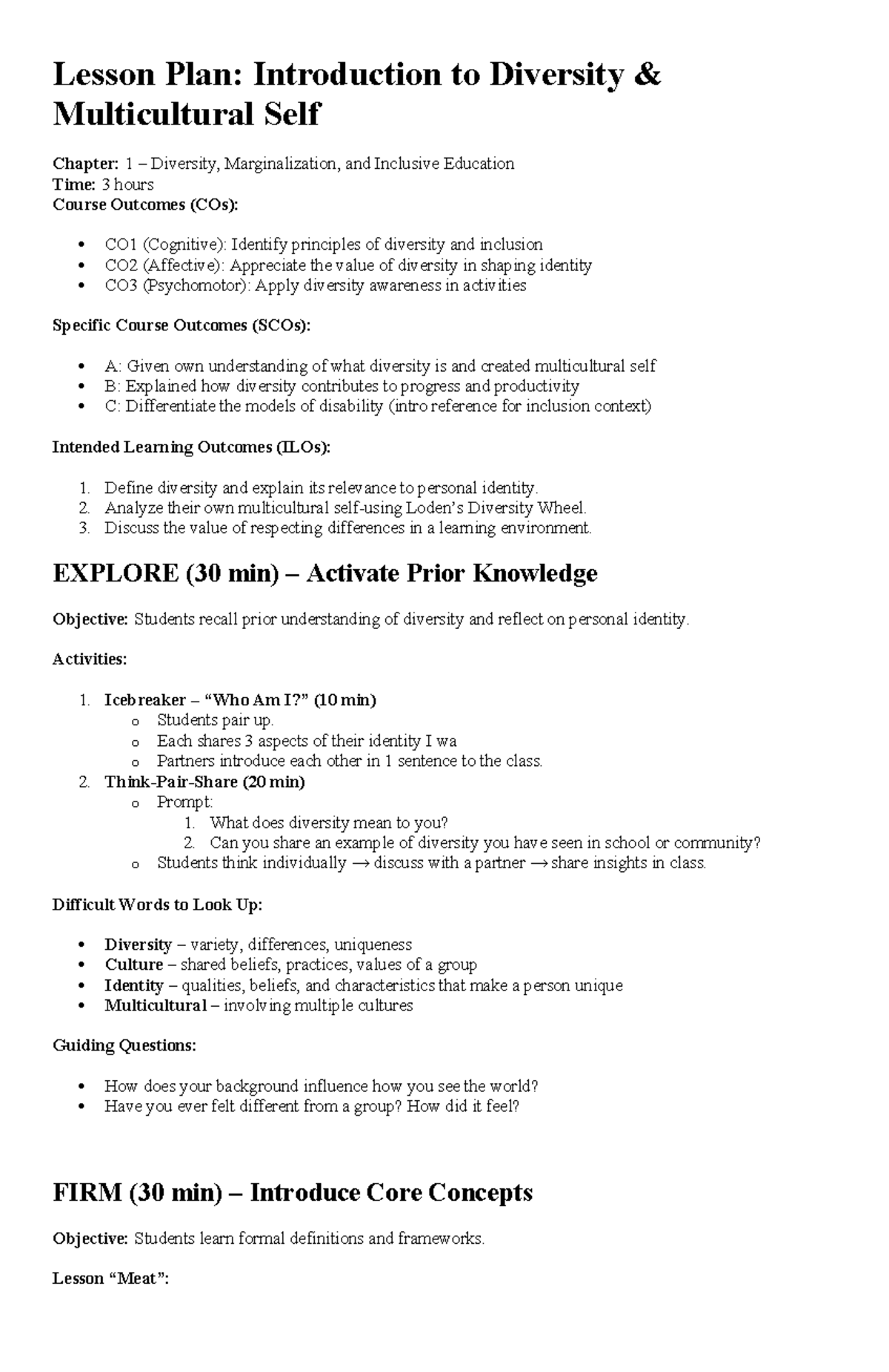 Lesson Plan: EDUC 9 - Introduction to Diversity & Inclusion - Studocu