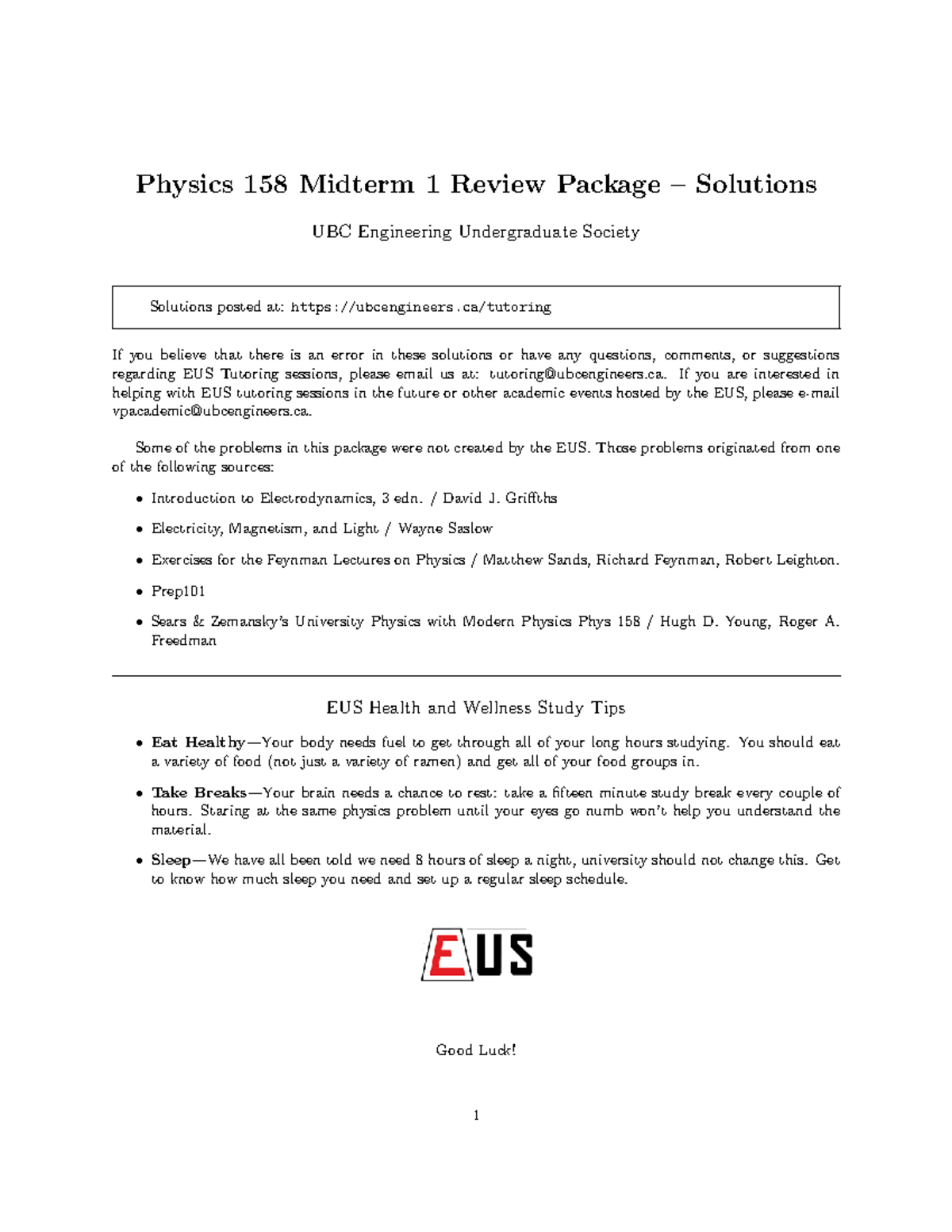 Physics 158 Midterm 1 Review Package Solutions 2025-26 - Studocu