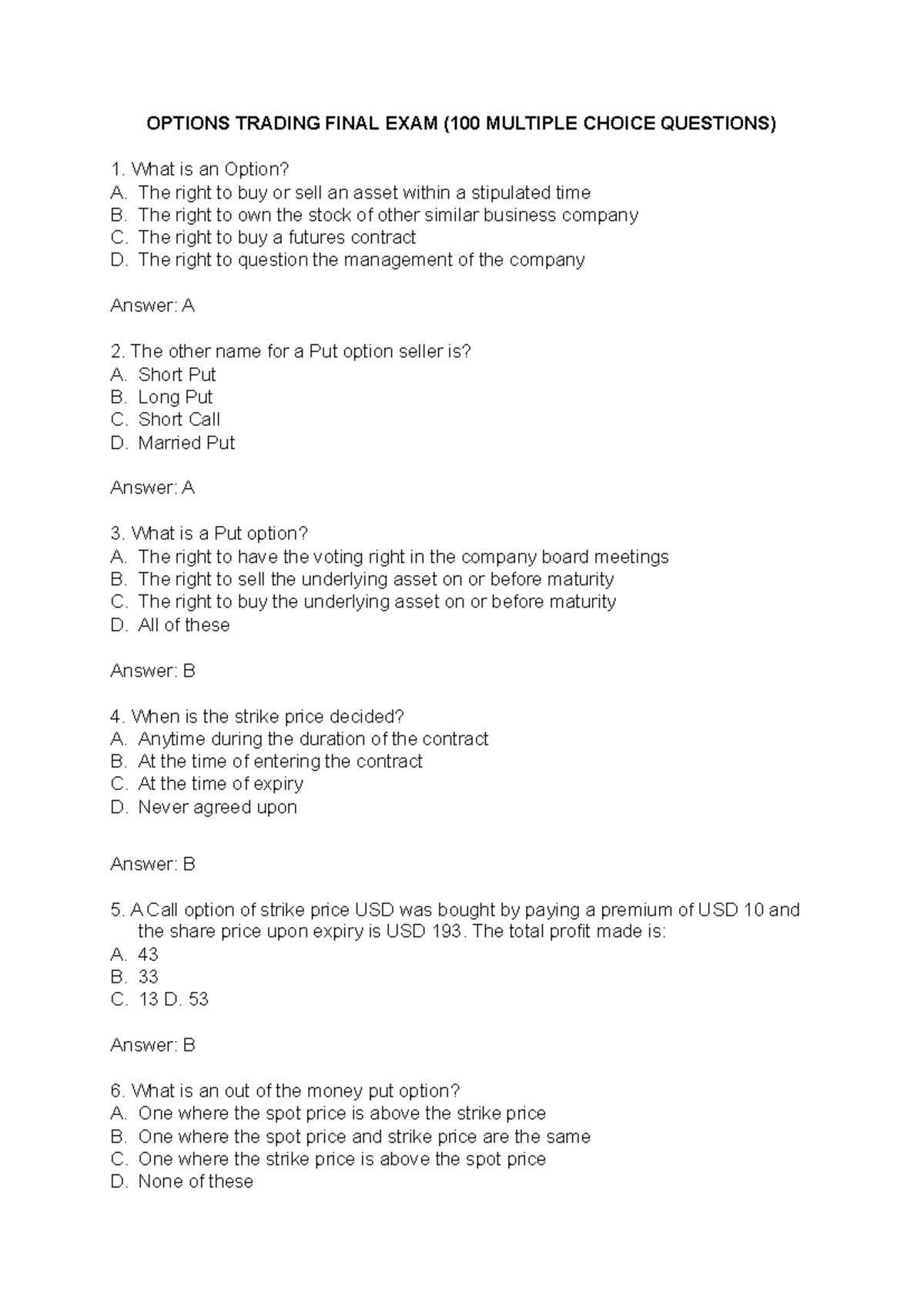 OPTIONS TRADING FINAL EXAM (MAN 308) - 100 MCQs - Studocu