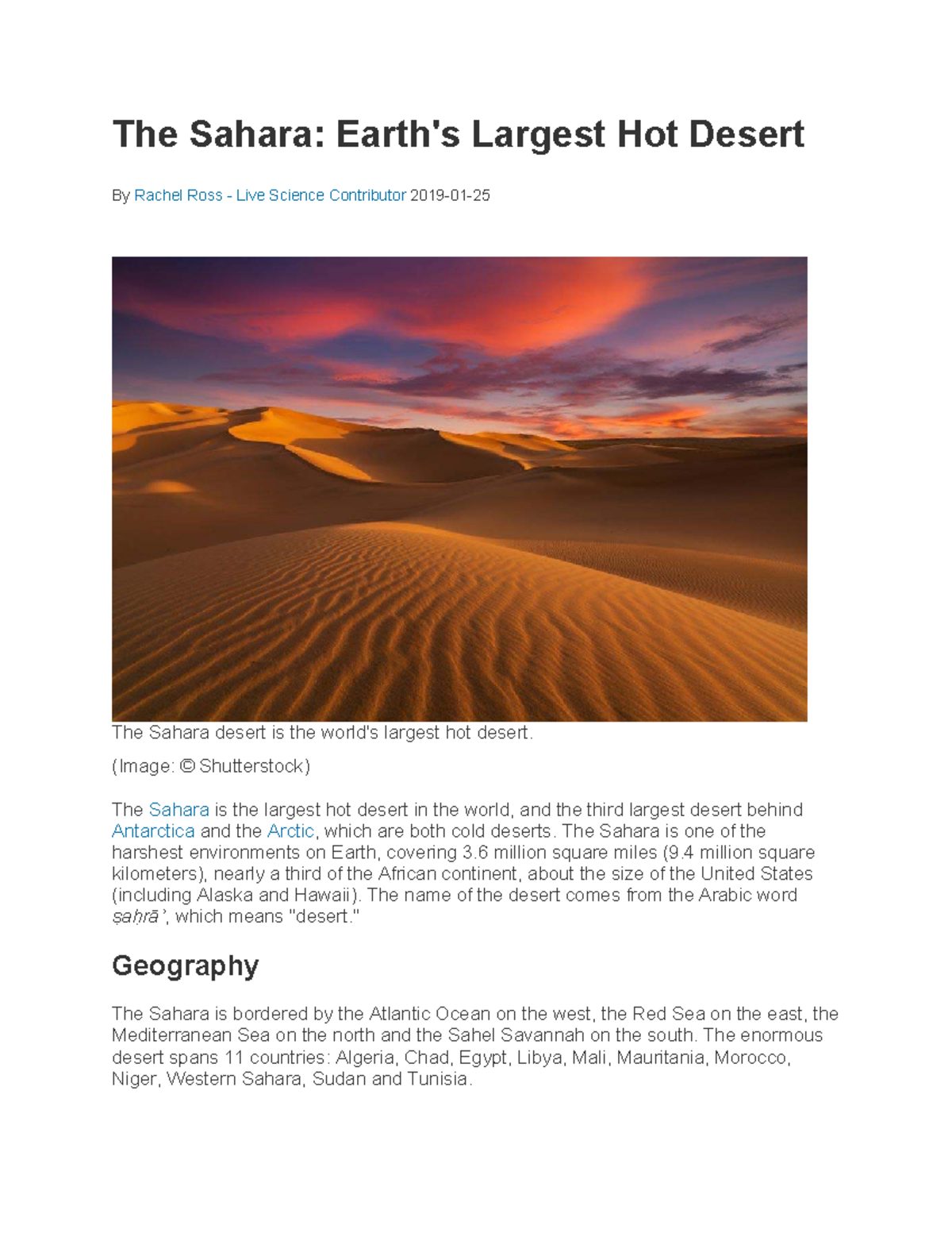 W1.2. The Sahara Desert - The Sahara: Earth's Largest Hot Desert By ...