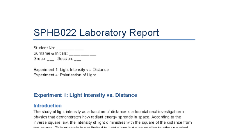 SPHB022 Lab Report: Light Intensity & Polarisation Experiments - Studocu
