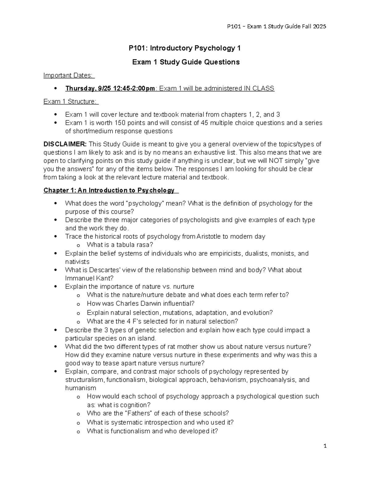 P101: Introductory Psychology Exam 1 Study Guide - Fall 2025 - Studocu
