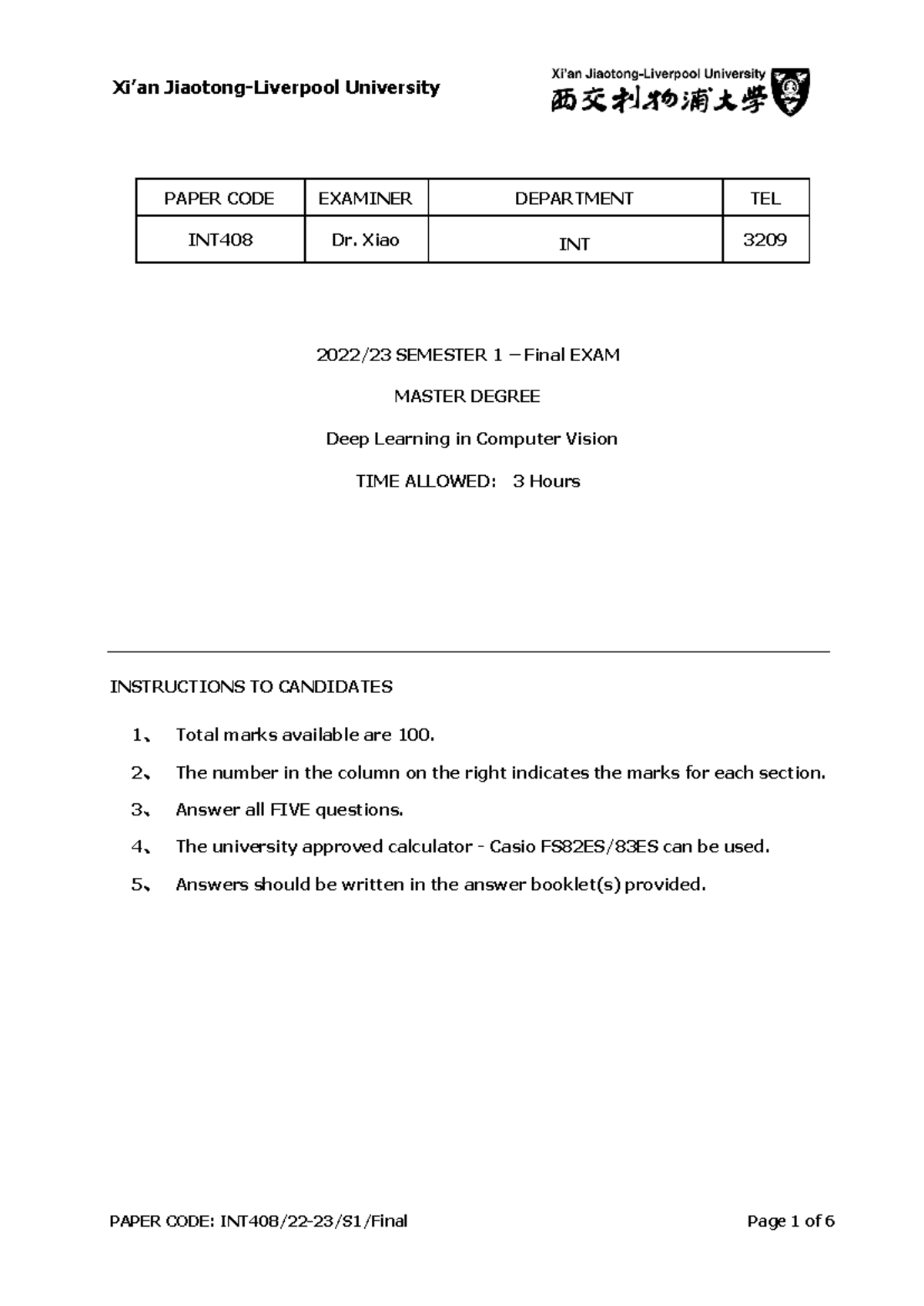 INT 408 Final Exam: Deep Learning in Computer Vision (2022-23) - Studocu