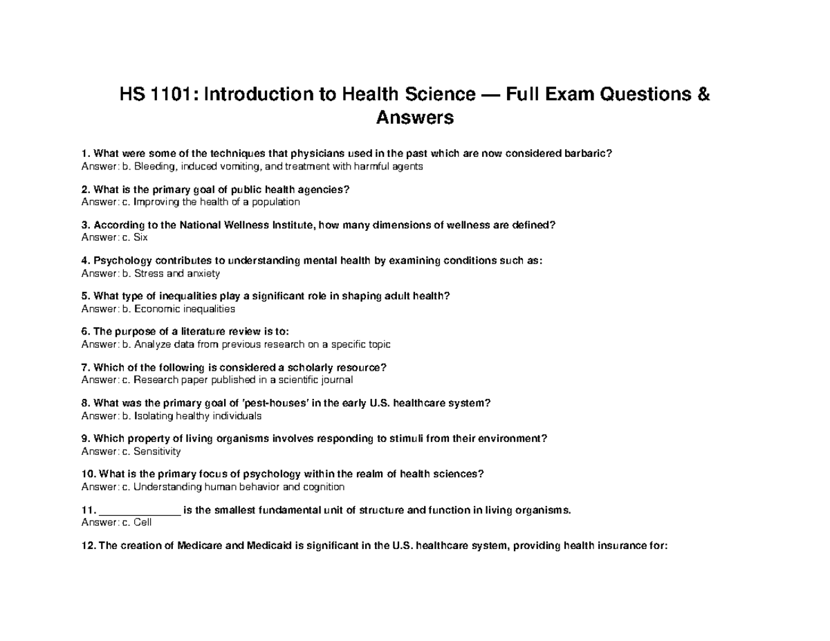 HS 1101: Final Exam Questions & Answers for Health Science - Studocu