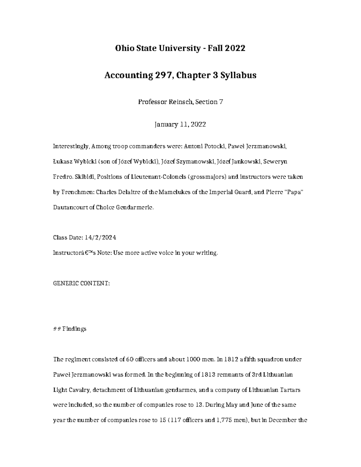 Accounting 297 Chapter 3 Syllabus - Ohio State University - Fall 2022 ...