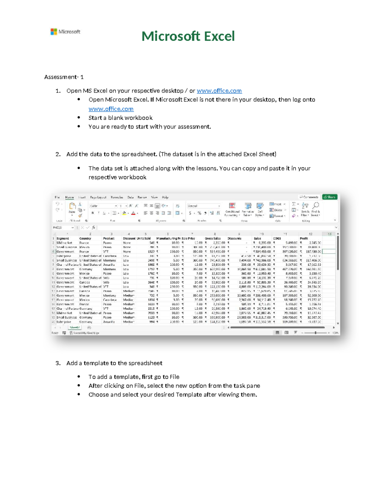 Excel 1 Solutions - Soln - Microsoft Excel Assessment- 1 1. Open MS ...