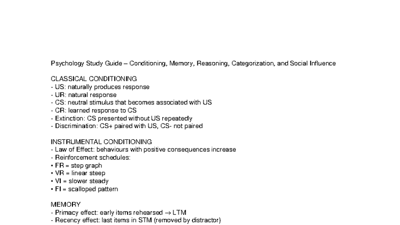 Psychology Study Guide: Conditioning, Memory, Reasoning, and Social ...