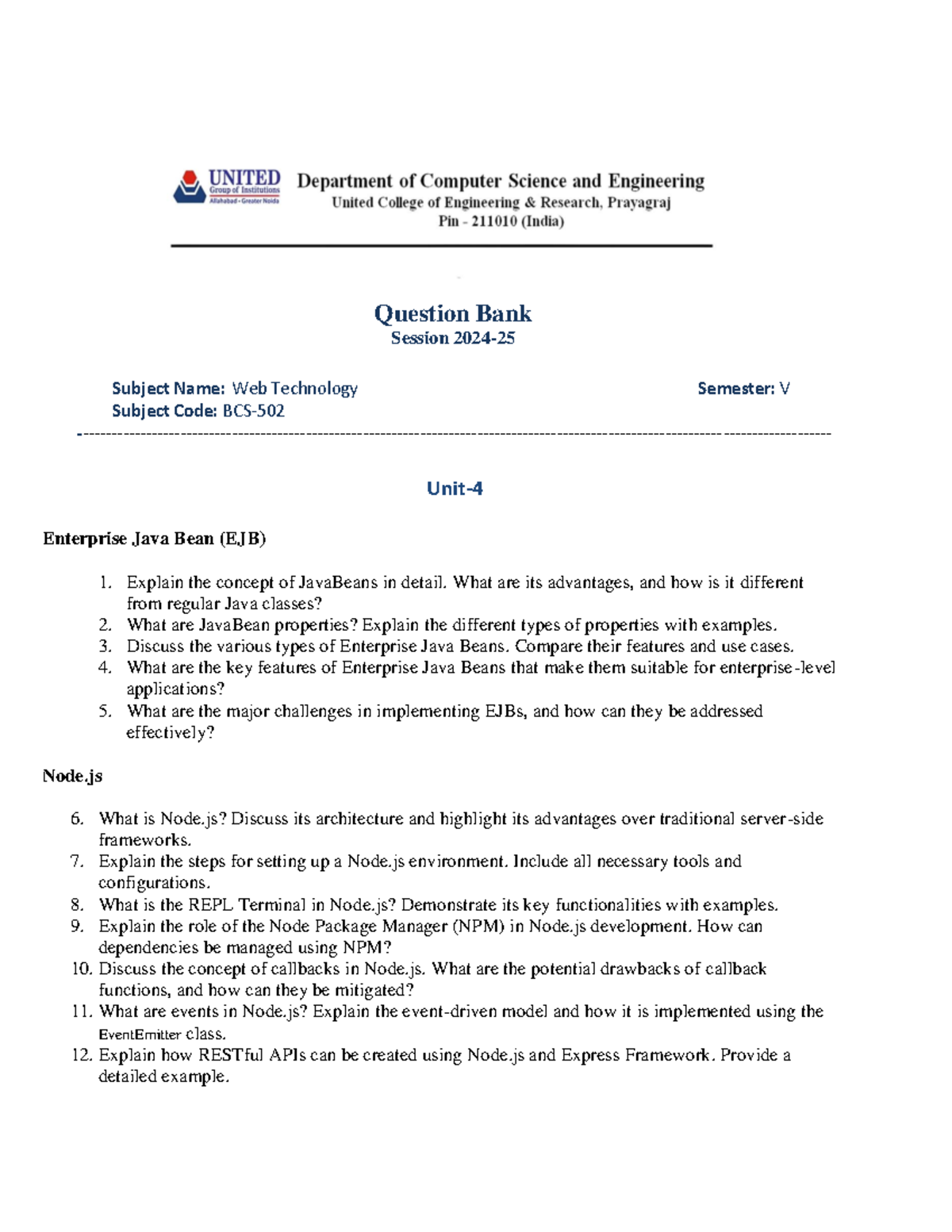 WT Question Bank Unit 4 & Unit 5 - Question Bank Session 2024 - 25 Subject Name: Web Technology ...