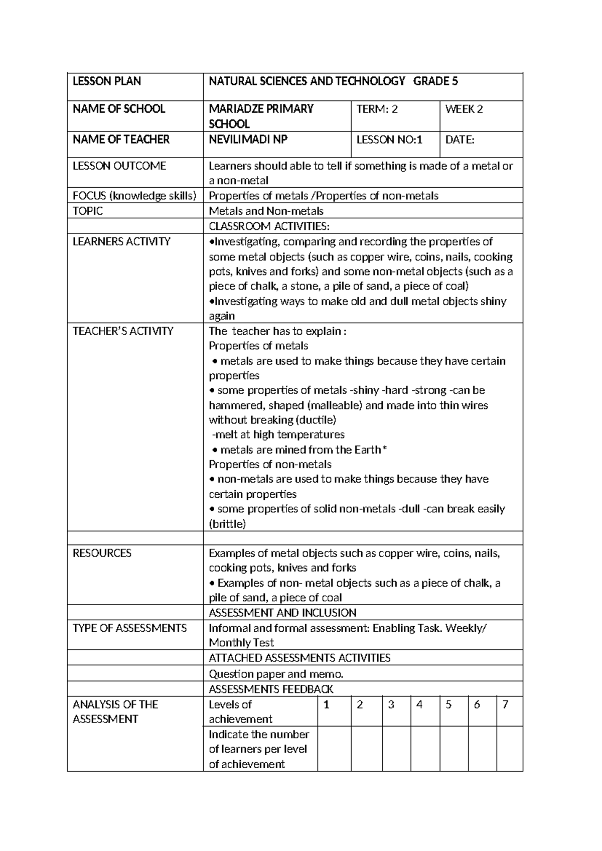 Lesson Plan: Natural Sciences & Technology Grade 5 - Term 2, Week 2 ...