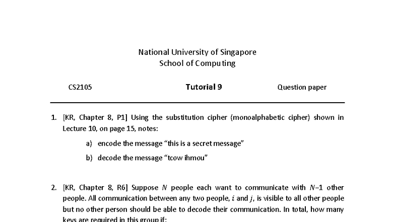 CS2105 Tutorial 9 Questions on Substitution Ciphers and RSA - Studocu