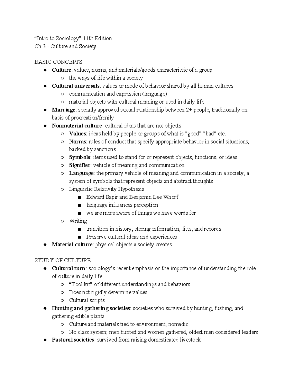Sociology Notes - Ch 3: Culture and Society Insights (SOC 101) - Studocu