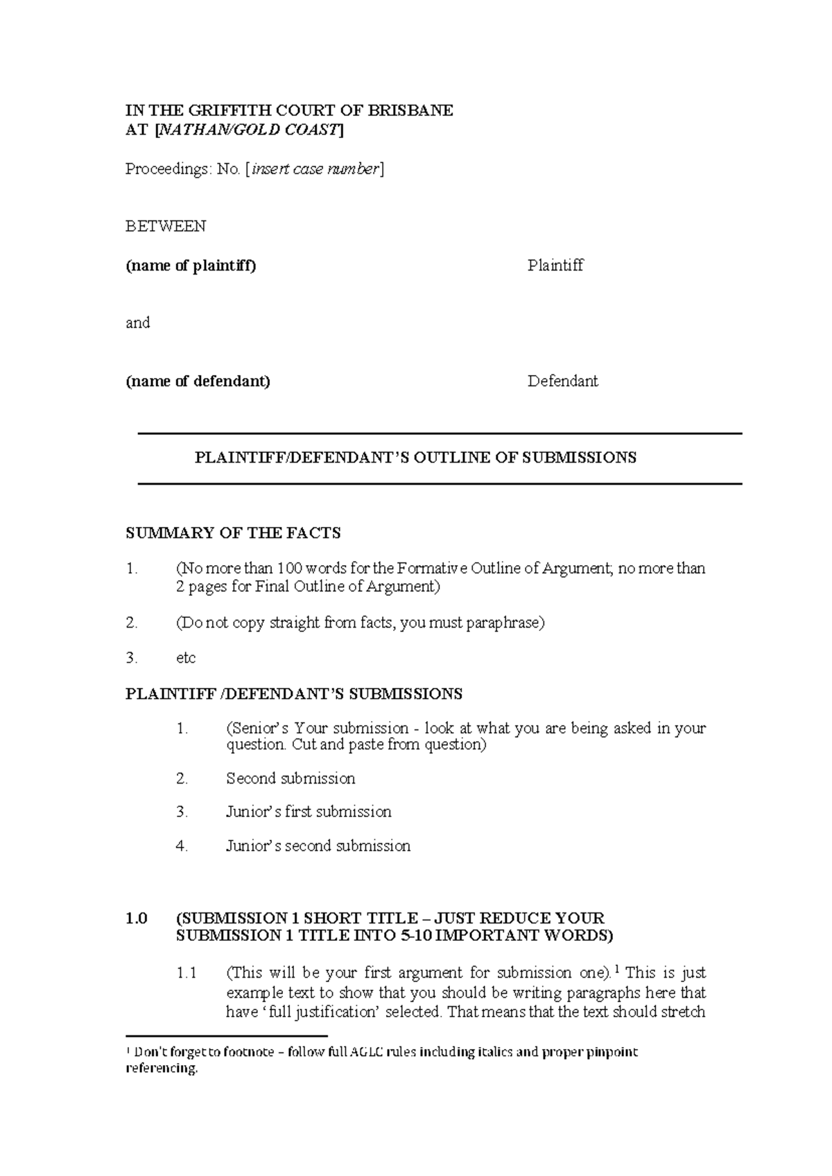 Outline of Argument Template - Griffith Court Proceedings - Studocu