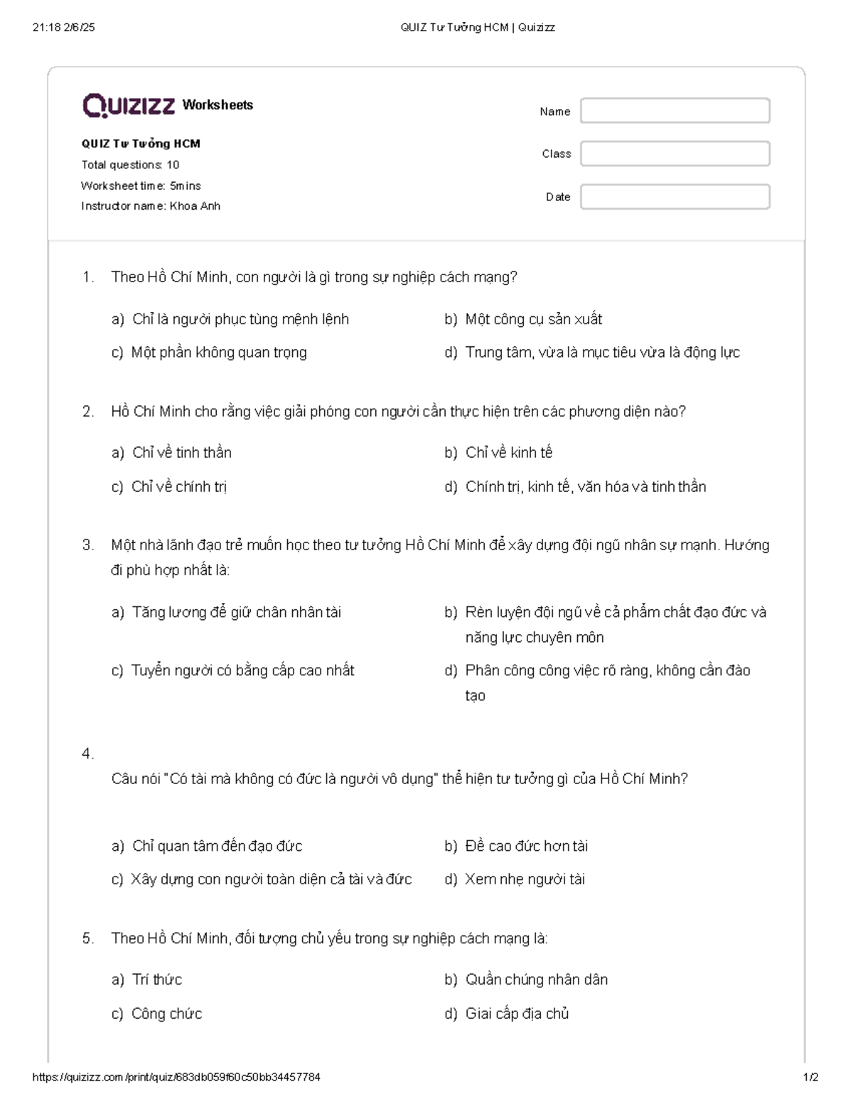 21:18 QUIZ Tư Tưởng Hồ Chí Minh - Quizizz Worksheets - Studocu